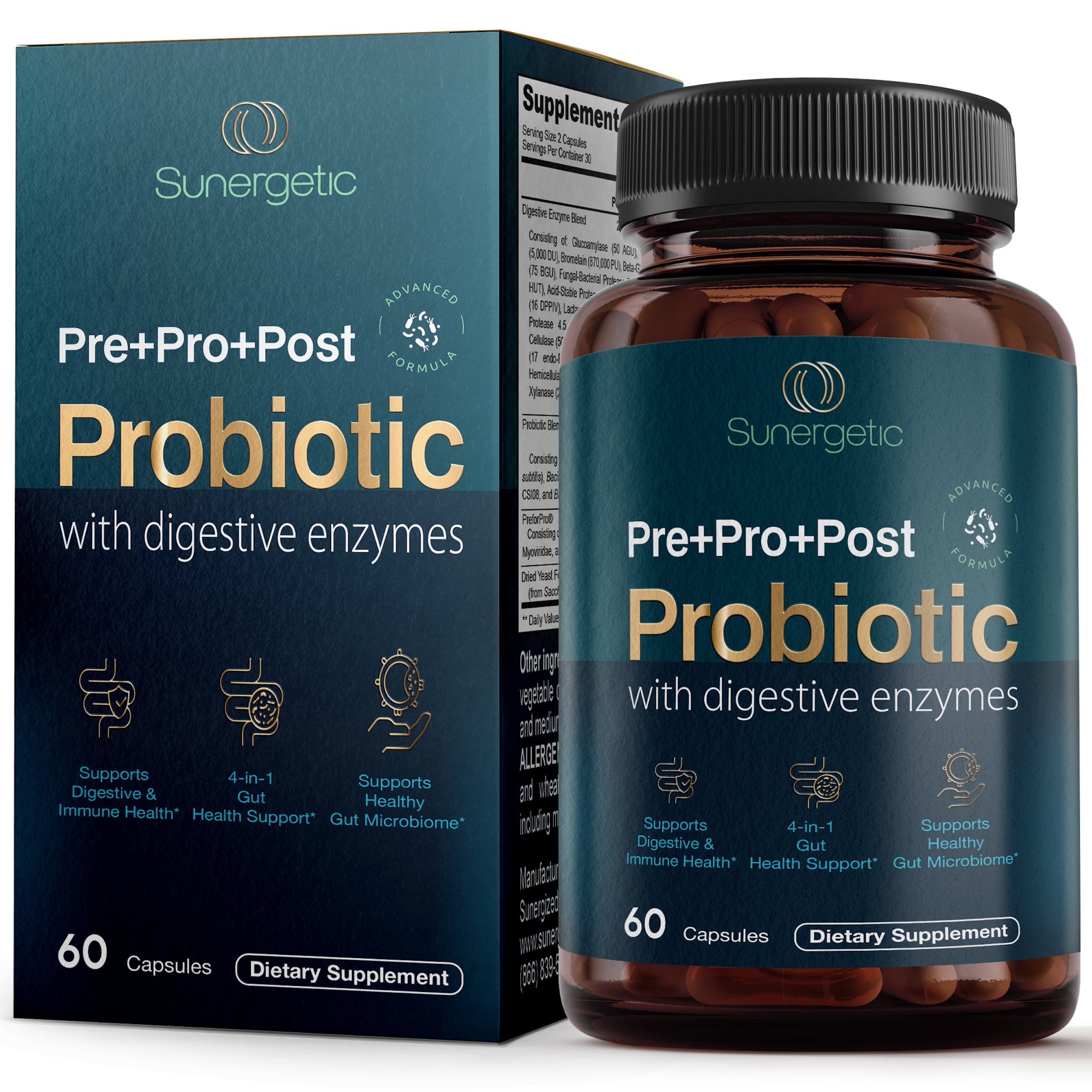 Sunergetic 4 in 1 Probiotic Prebiotic Postbiotic Digestive Enzymes for ...