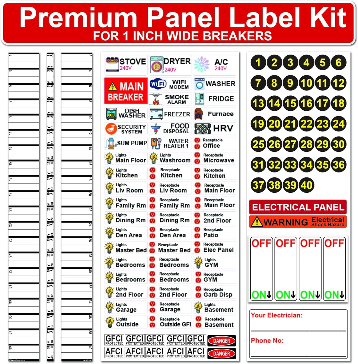 Premium 40 Circuit Bidirectional 1" Breaker Directory Label Kit with ...