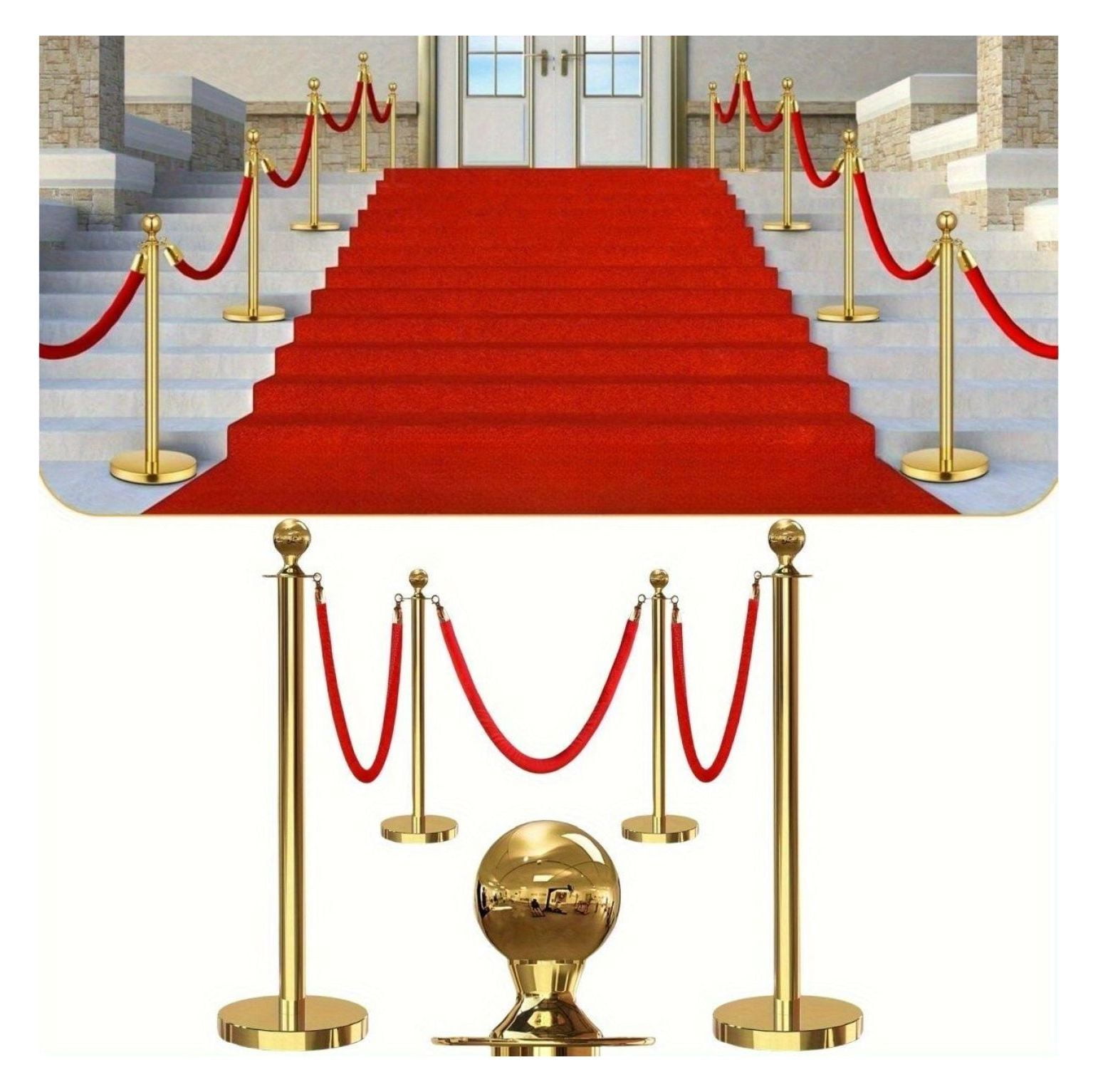 Premium 4Pole 3Rope Stanchion Sets: 5 Ft Red Ropes, Top Posts, Solid ...