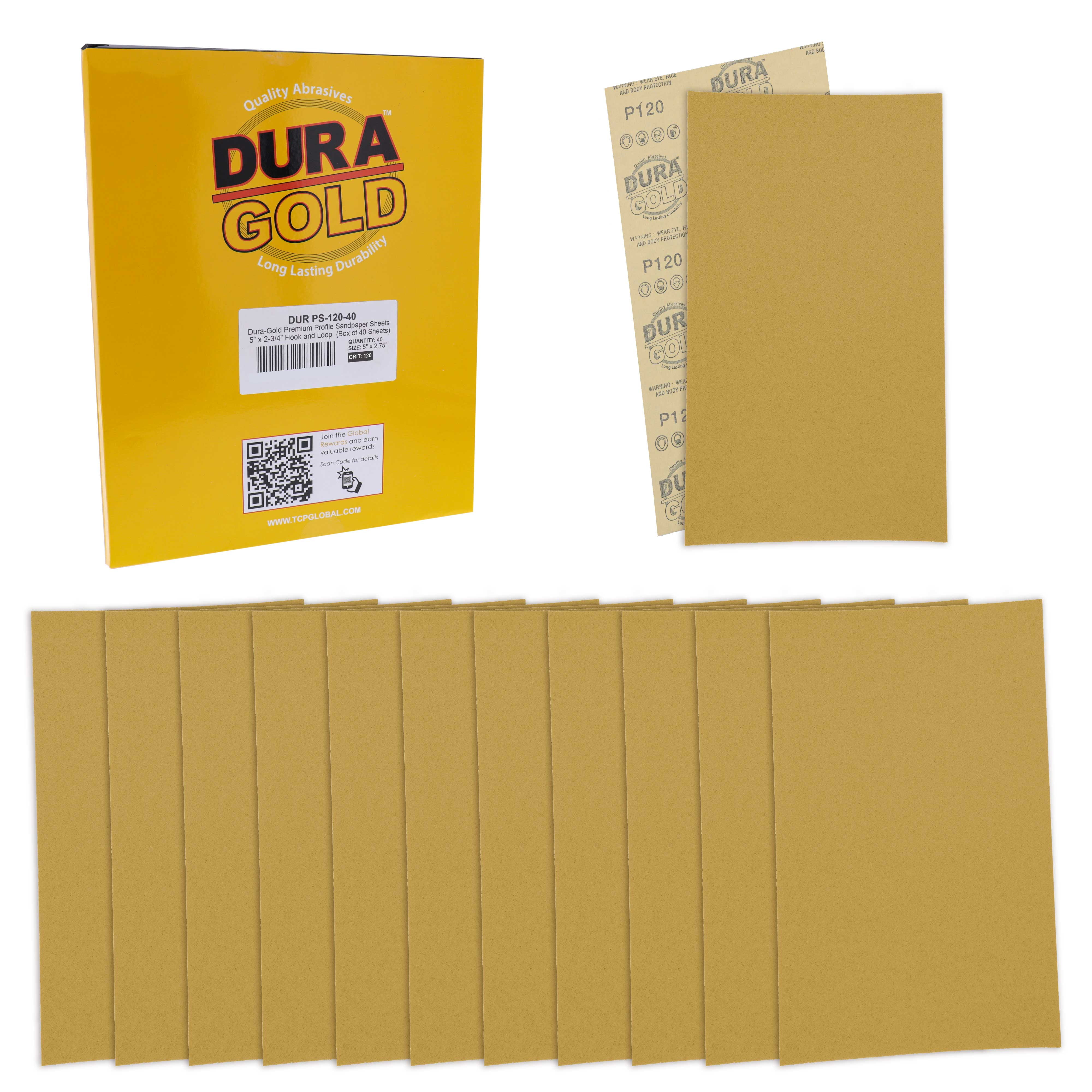 Premium 5" x 2.75" Gold Sandpaper Sheets, 120 Grit (Box of 40) - Hook ...