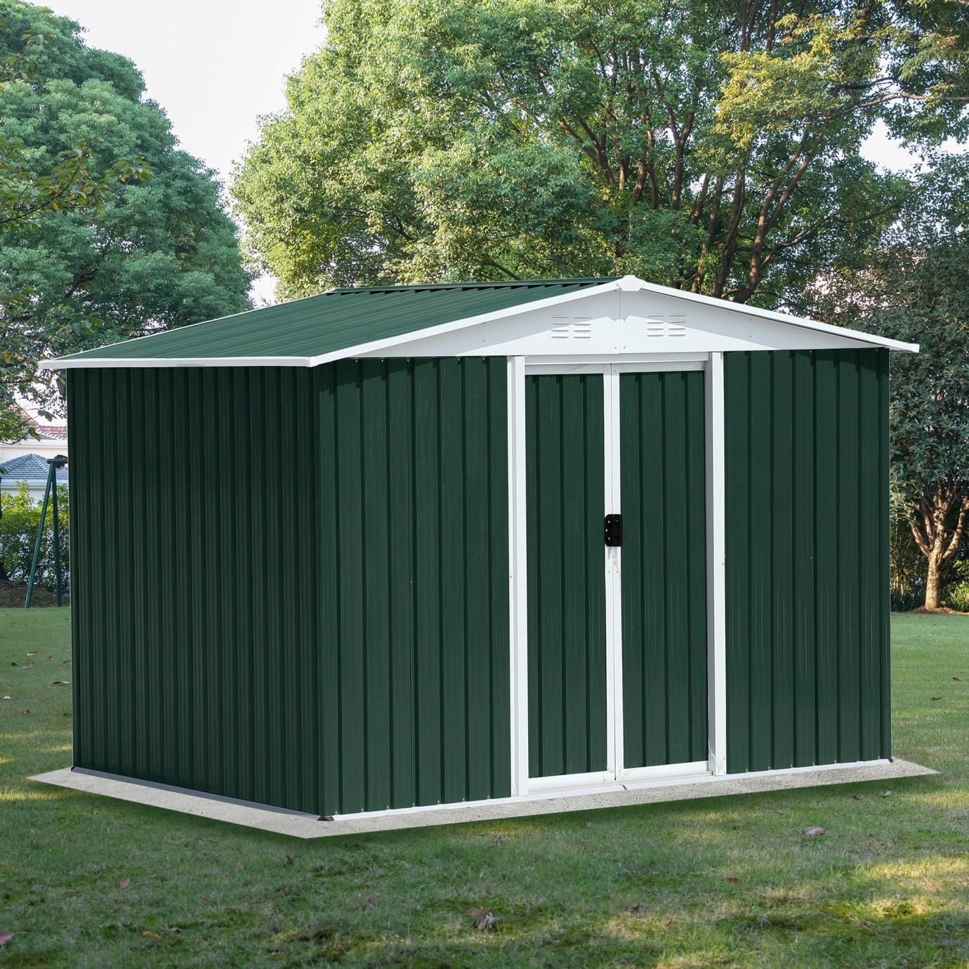 8x6 Foot Outdoor Garden Storage Shed with Green Aluminum Alloy Frame and Sliding Door for Secure ...