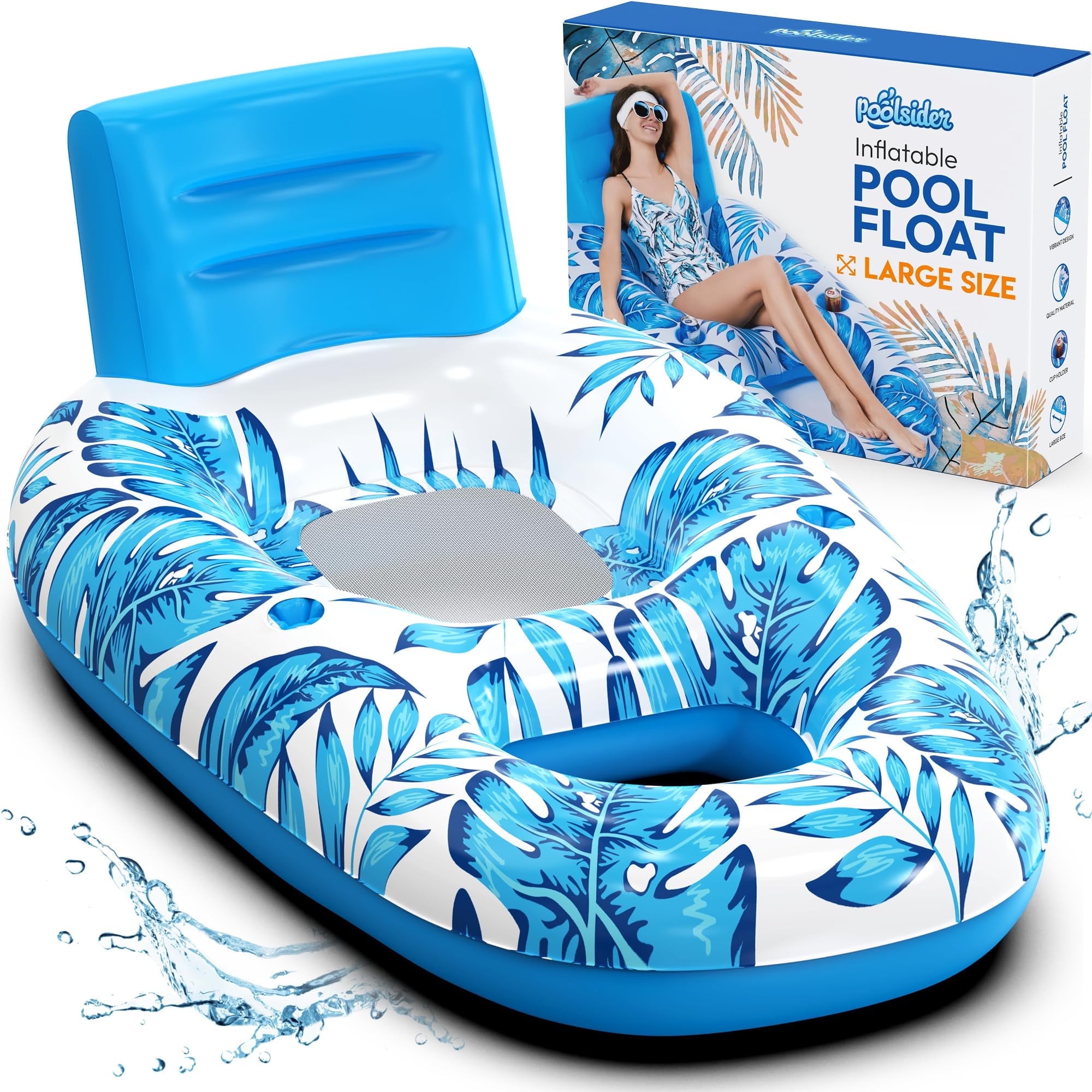 Poolsider Premium Adult Pool Float | XL Lounger with Backrest & 2 Cup ...