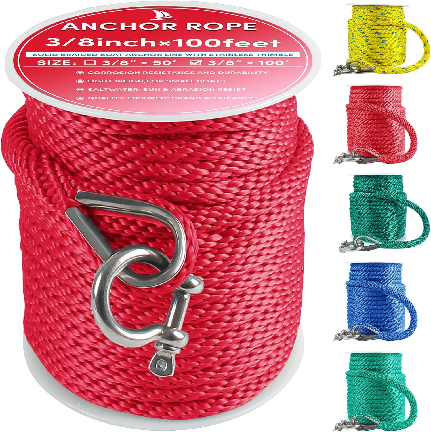 Premium Anchor Rope 100 ft x 3/8 inch, Solid Braid MFP Anchor Line Boat ...