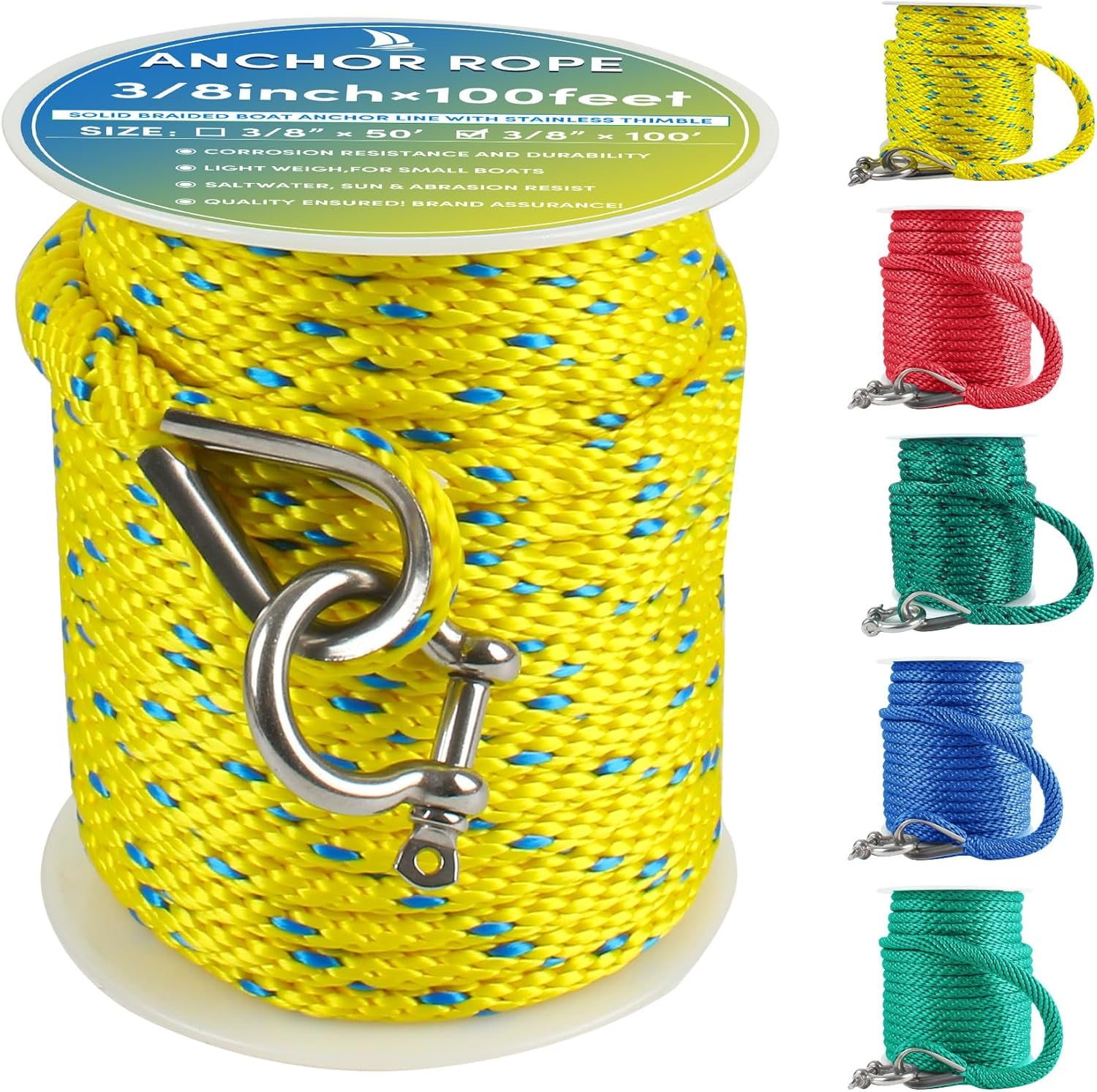 Premium Anchor Rope 100 ft x 3/8 inch, Solid Braid MFP Anchor Line,Boat ...