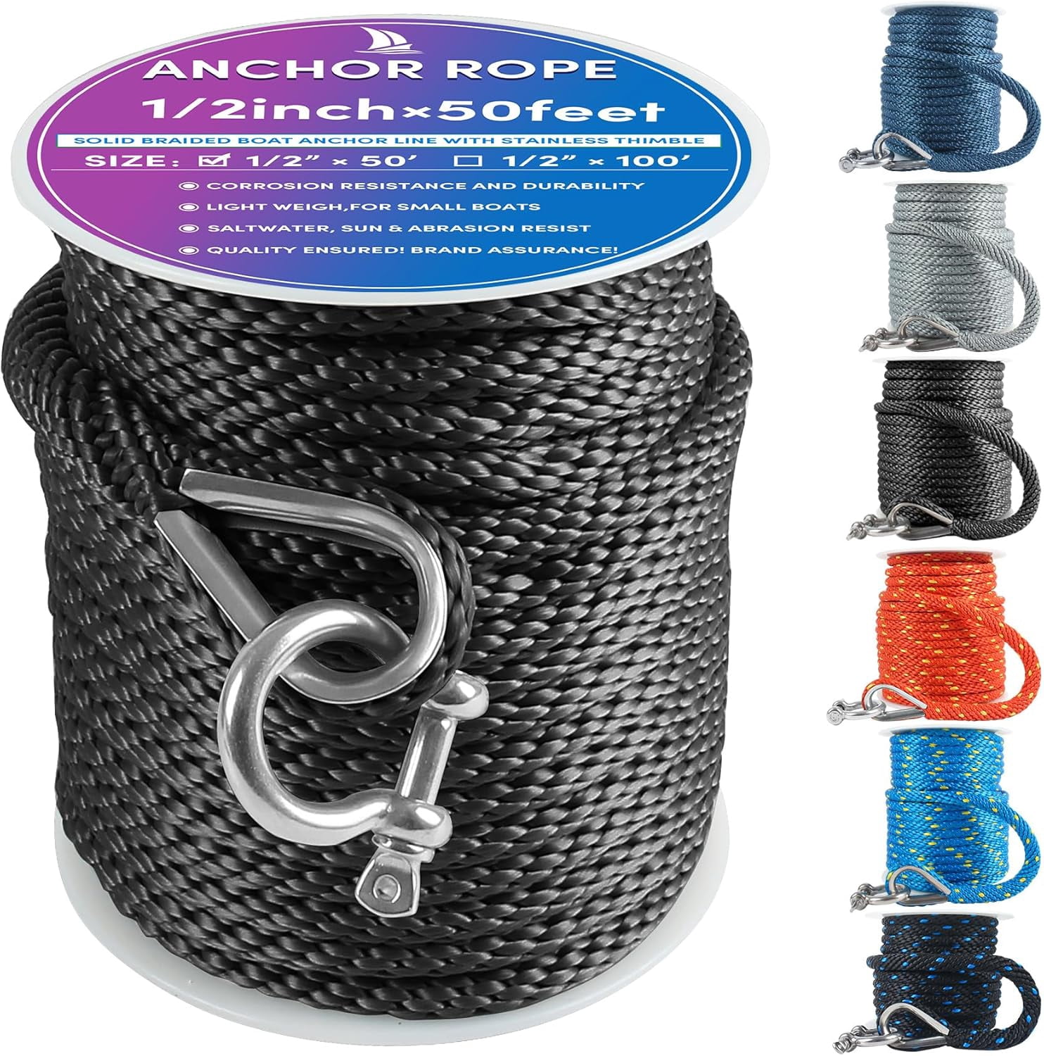 Premium Anchor Rope 50 ft x 1/2 inch, Solid Braid MFP Anchor Line Boat ...