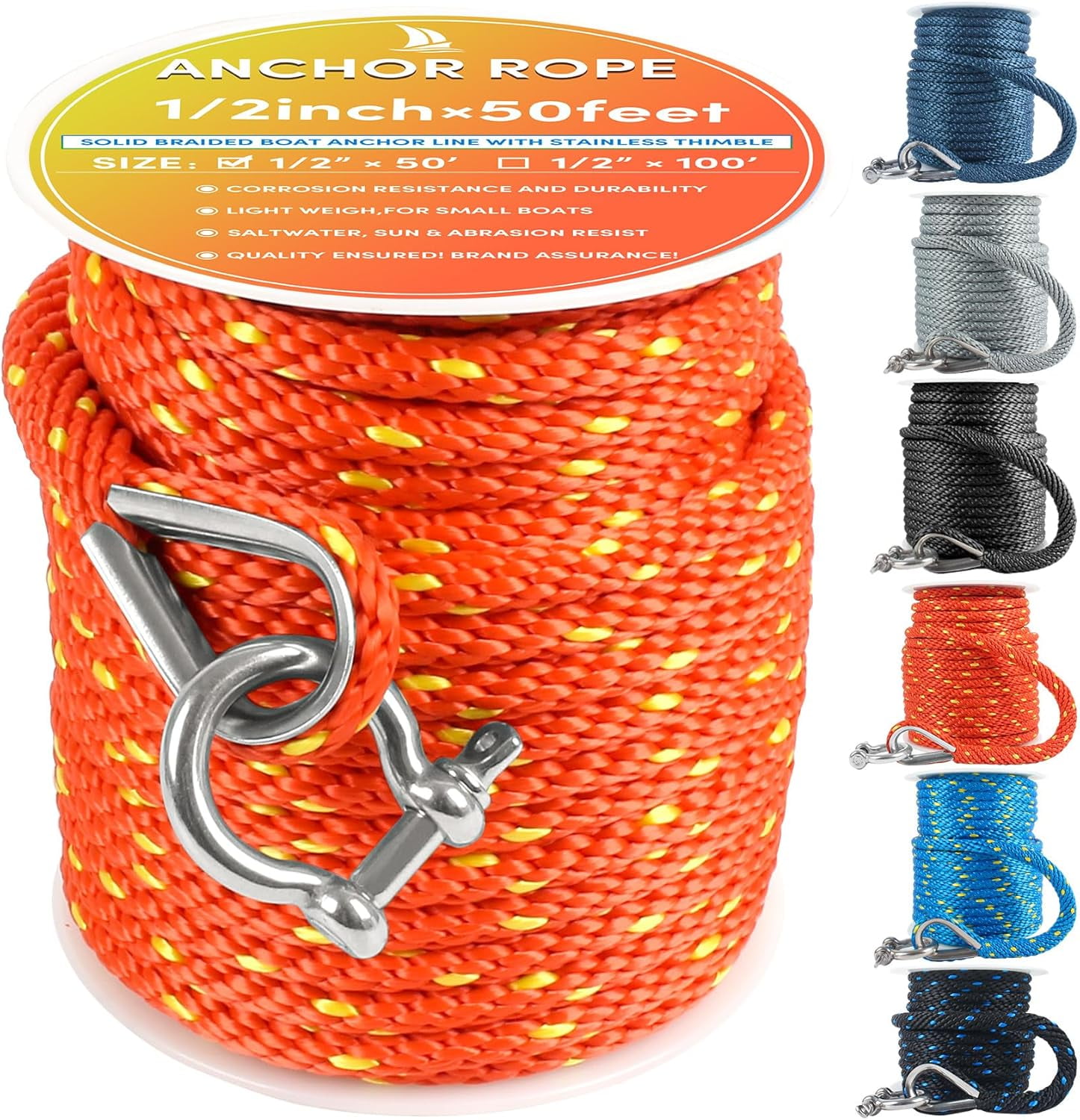 Premium Anchor Rope 50 ft x 1/2 inch, Solid Braid MFP Anchor Line Boat ...
