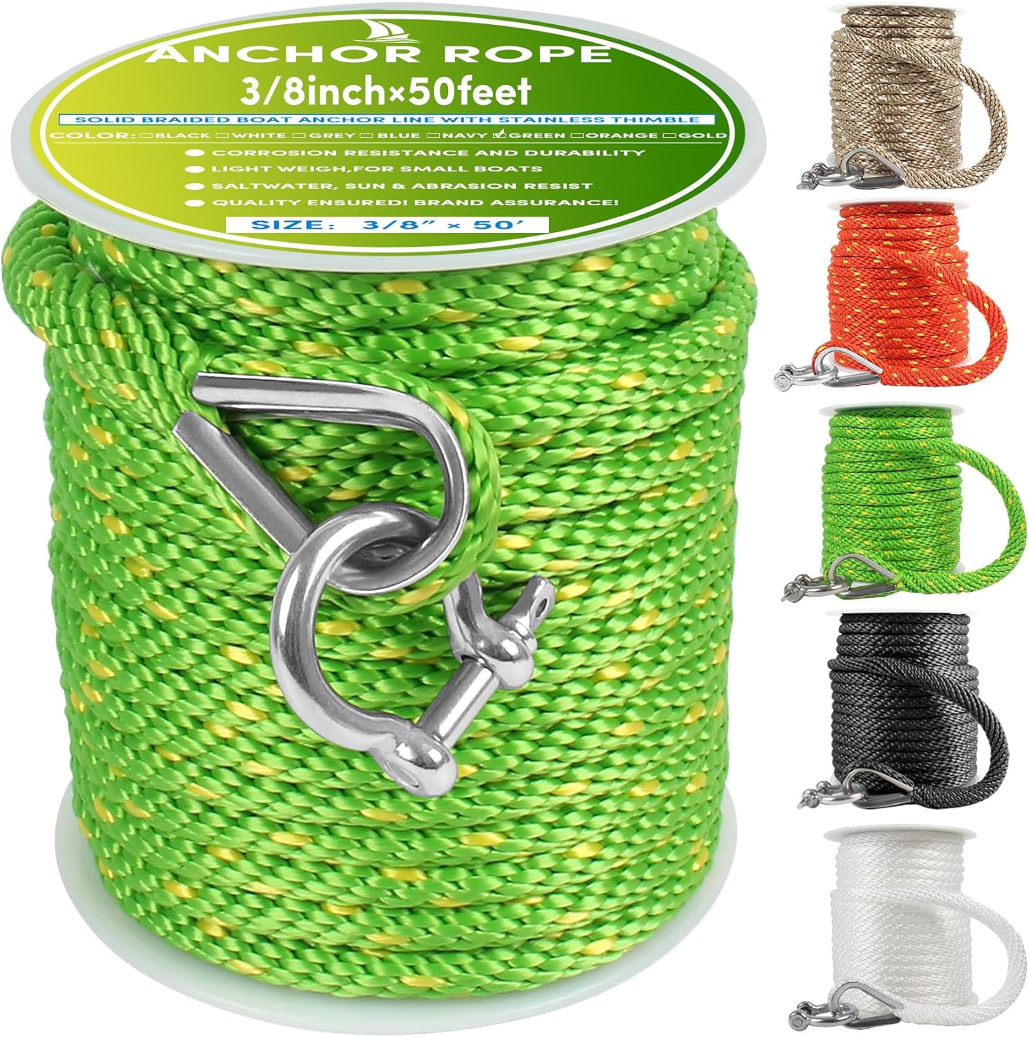 Premium Anchor Rope 50 ft x 3/8 inch, Solid Braid MFP Anchor Line Boat ...