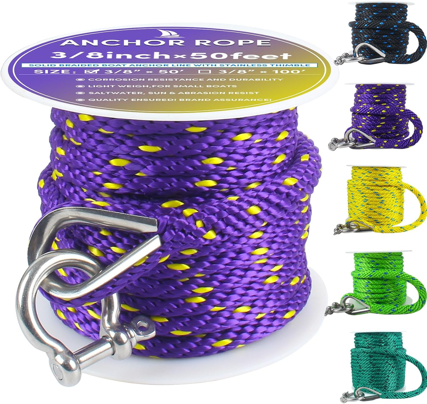 Premium Anchor Rope 50 ft x 3/8 inch, Solid Braid MFP Anchor Line,Boat ...