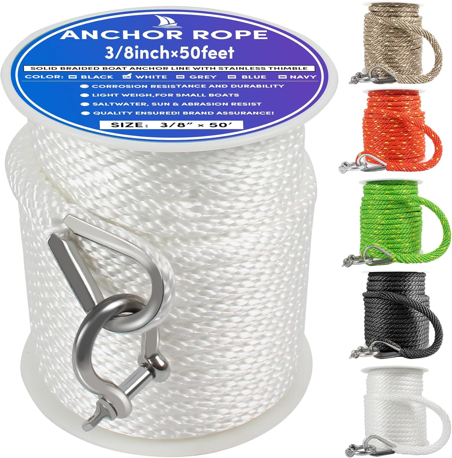 Premium Anchor Rope 50 ft x 3/8 inch, Solid Braid MFP Anchor Line Boat ...