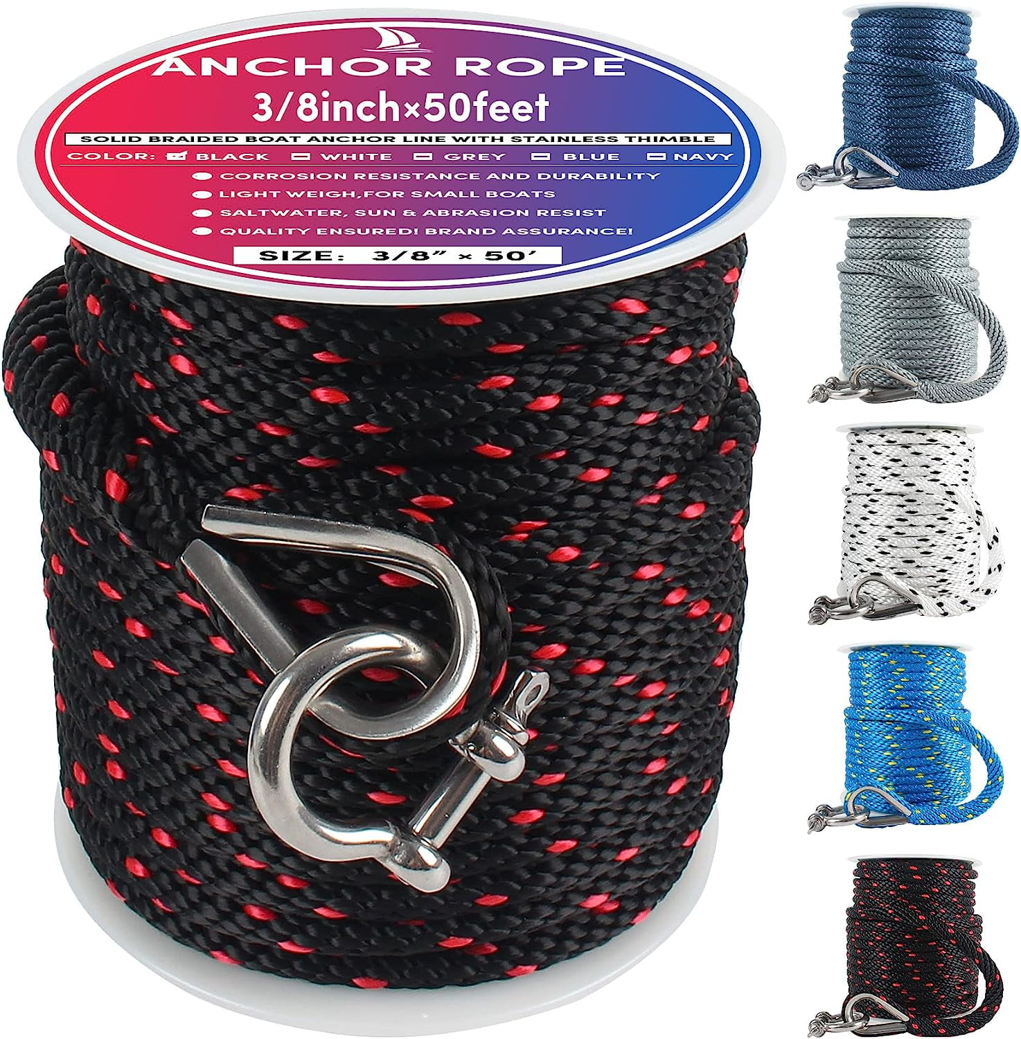 Premium Anchor Rope 50 ft x 3/8 inch, Solid Braid MFP Anchor Line ...