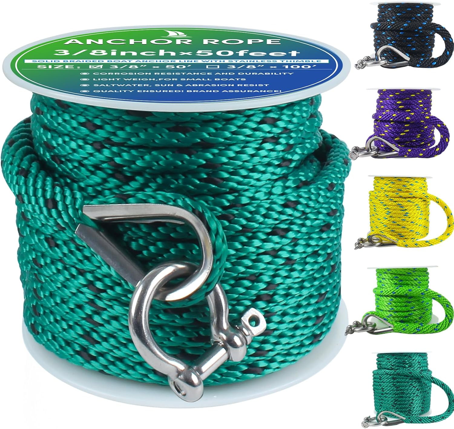 Premium Anchor Rope 50 ft x 3/8 inch, Solid Braid MFP Anchor Line ...