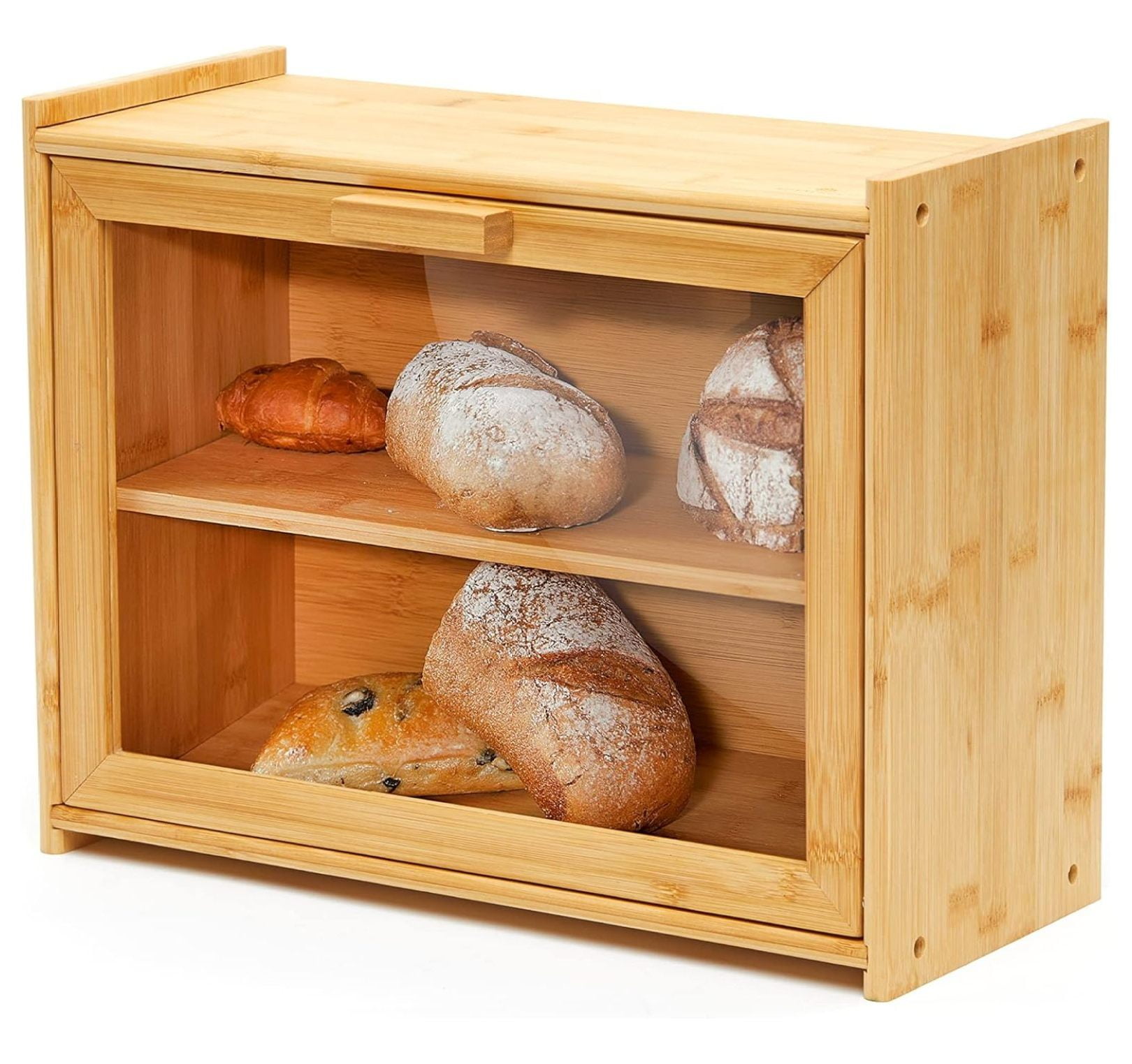 Premium Bamboo Double Layer Bread Box With Clear Window, Bread Storage ...