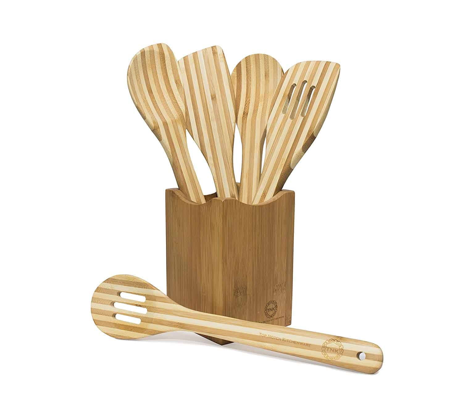 Premium Bamboo Kitchen Serving Utensil Set (5 piece) with Bamboo Holder ...