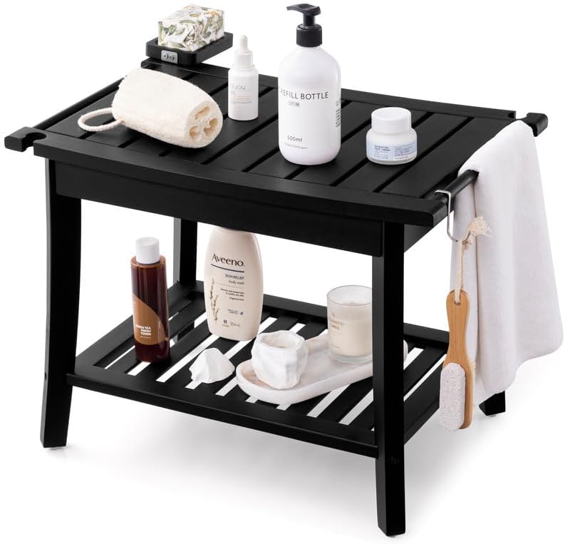 Premium Bamboo Shower Bench, Waterproof Shower Stool with Storage ...