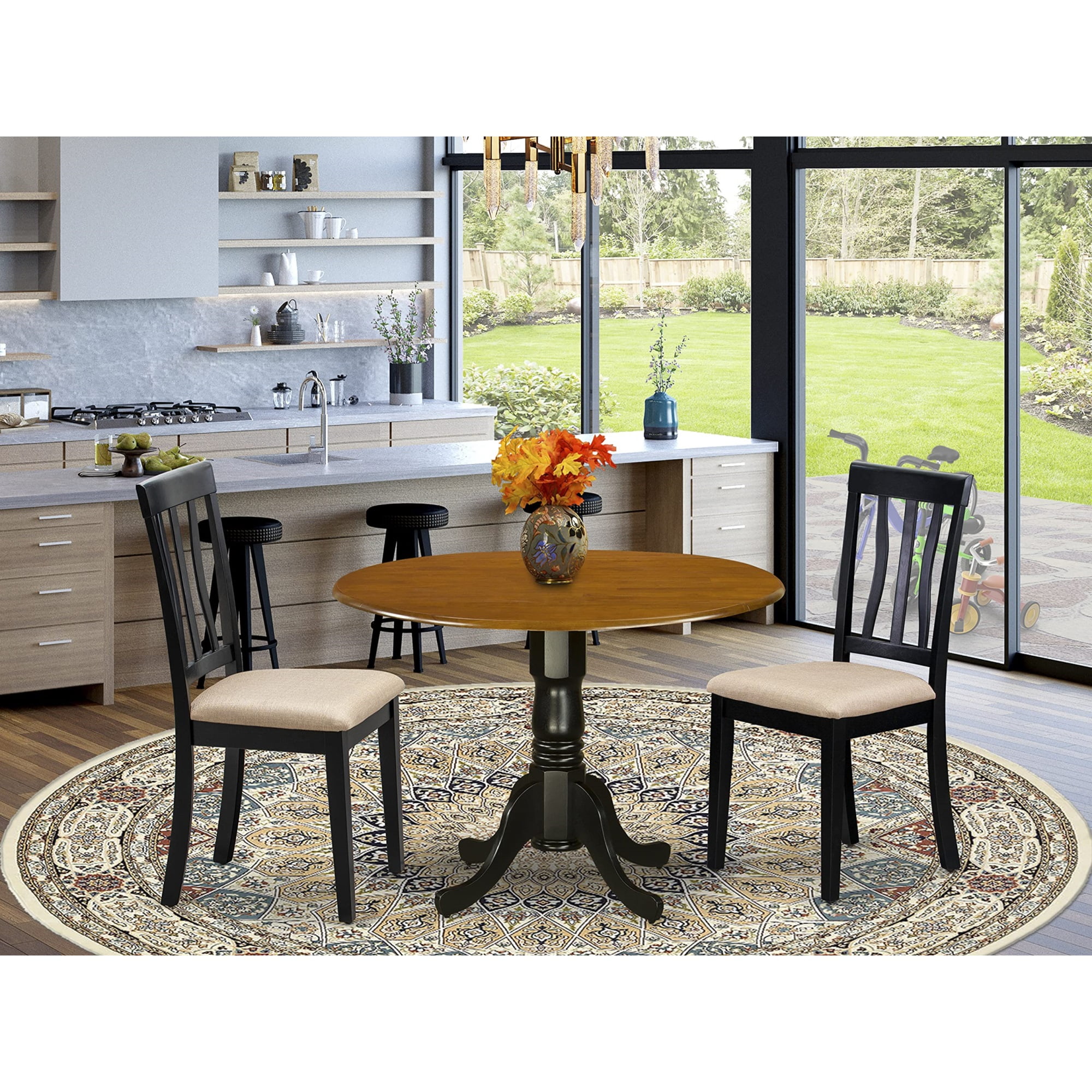 Premium Black & Cherry Round Dining Table Set - 3 Piece with Microfiber ...
