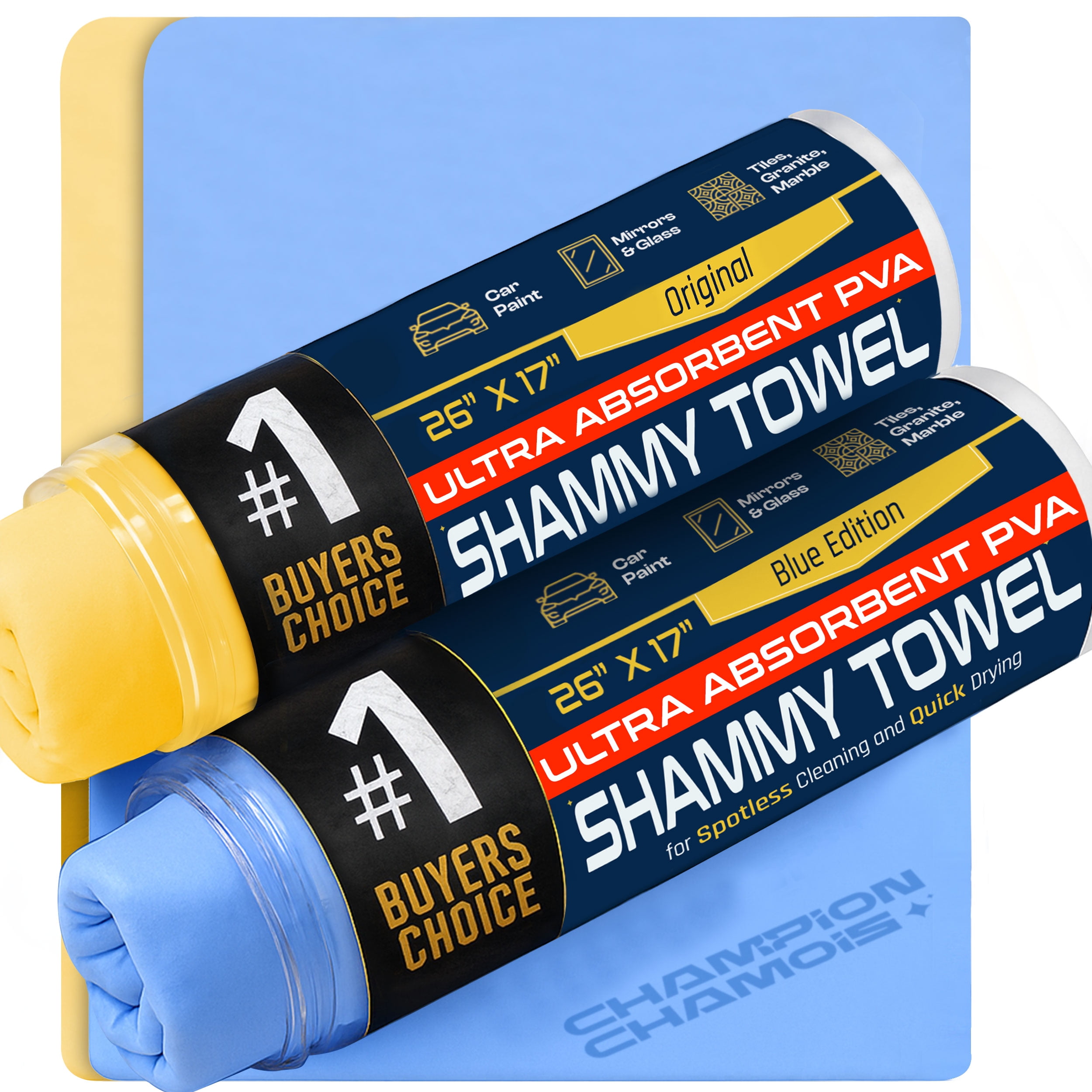 Champion Chamois Premium Car Drying Shammy 2-Pack, Reusable Chamois Car ...