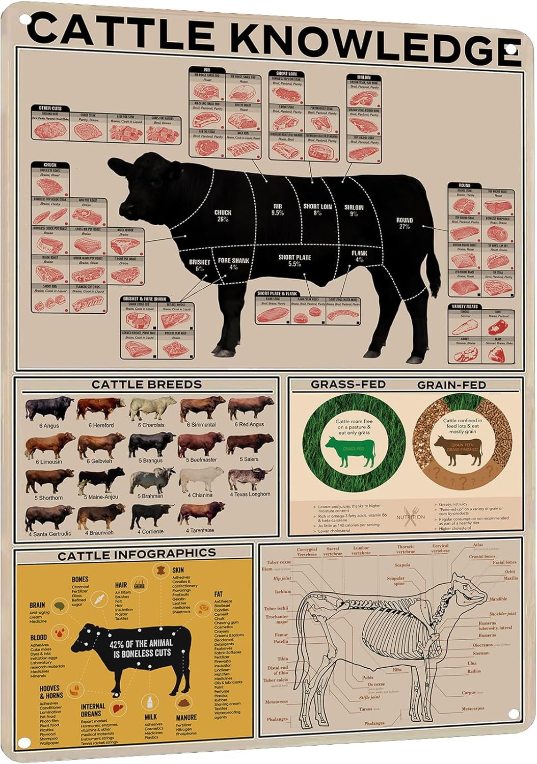 Premium Cattle Knowledge Metal Tin Sign, Comprehensive Beef Cuts ...