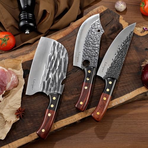 Premium Chef Cleaver Knife Set (x3) with Genuine Leather Sheaths in a ...