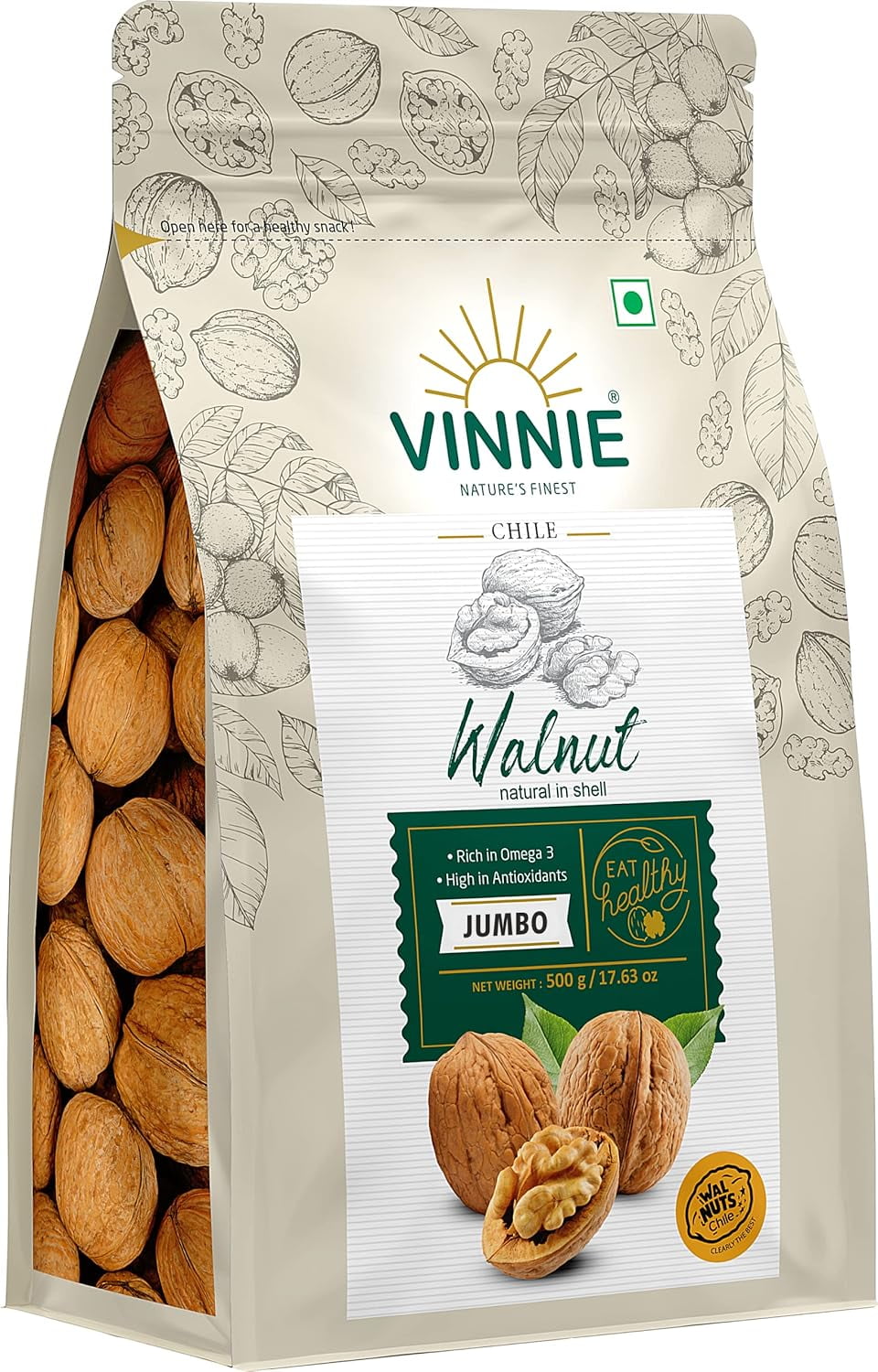Premium Chilean Jumbo Walnut In Shell By Vinnie 500gm, | High In Protein Fresh & Crunchy Walnuts ...