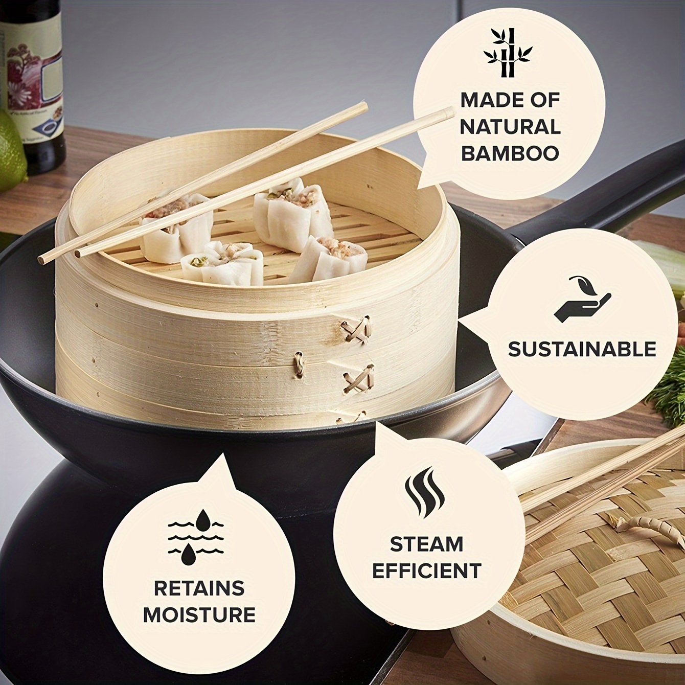 Premium Chinese Bamboo Steamer Set – 3-Piece Traditional Design Natural ...