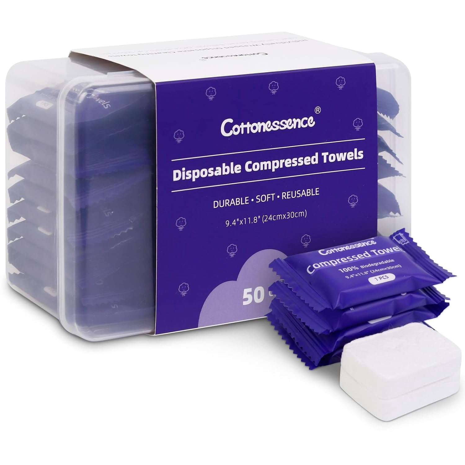Premium Compressed Towels (50 Pack)-9.4" x 11.8", Portable Cotton Coin ...