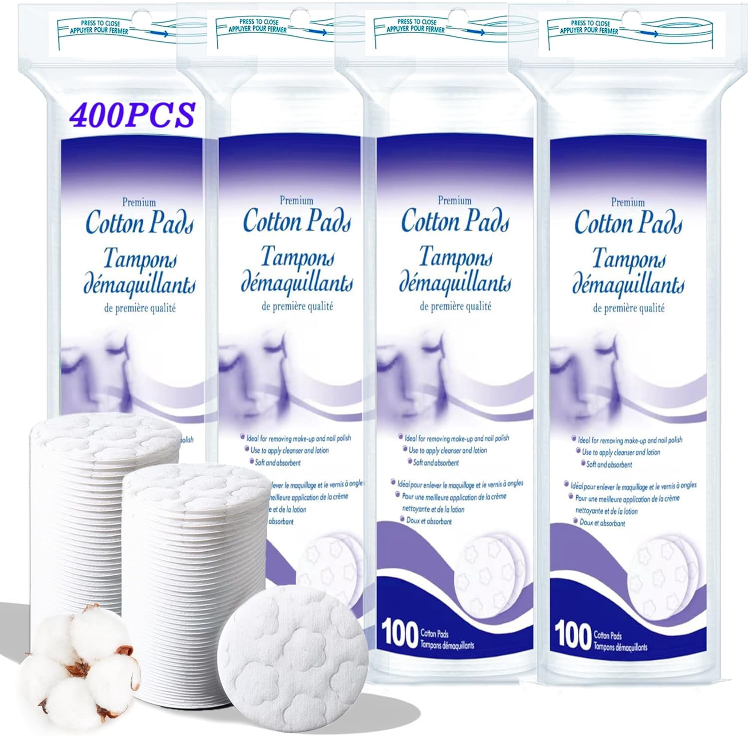 Premium Cotton Pads for Face, 400 Count Round Makeup Remover Pads, 100% ...