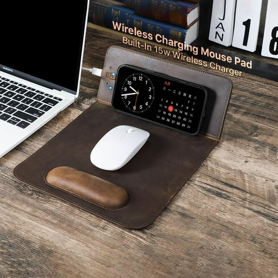 Premium Crazy Leather Mouse Pad with 15W Wireless Charging - Ergonomic ...