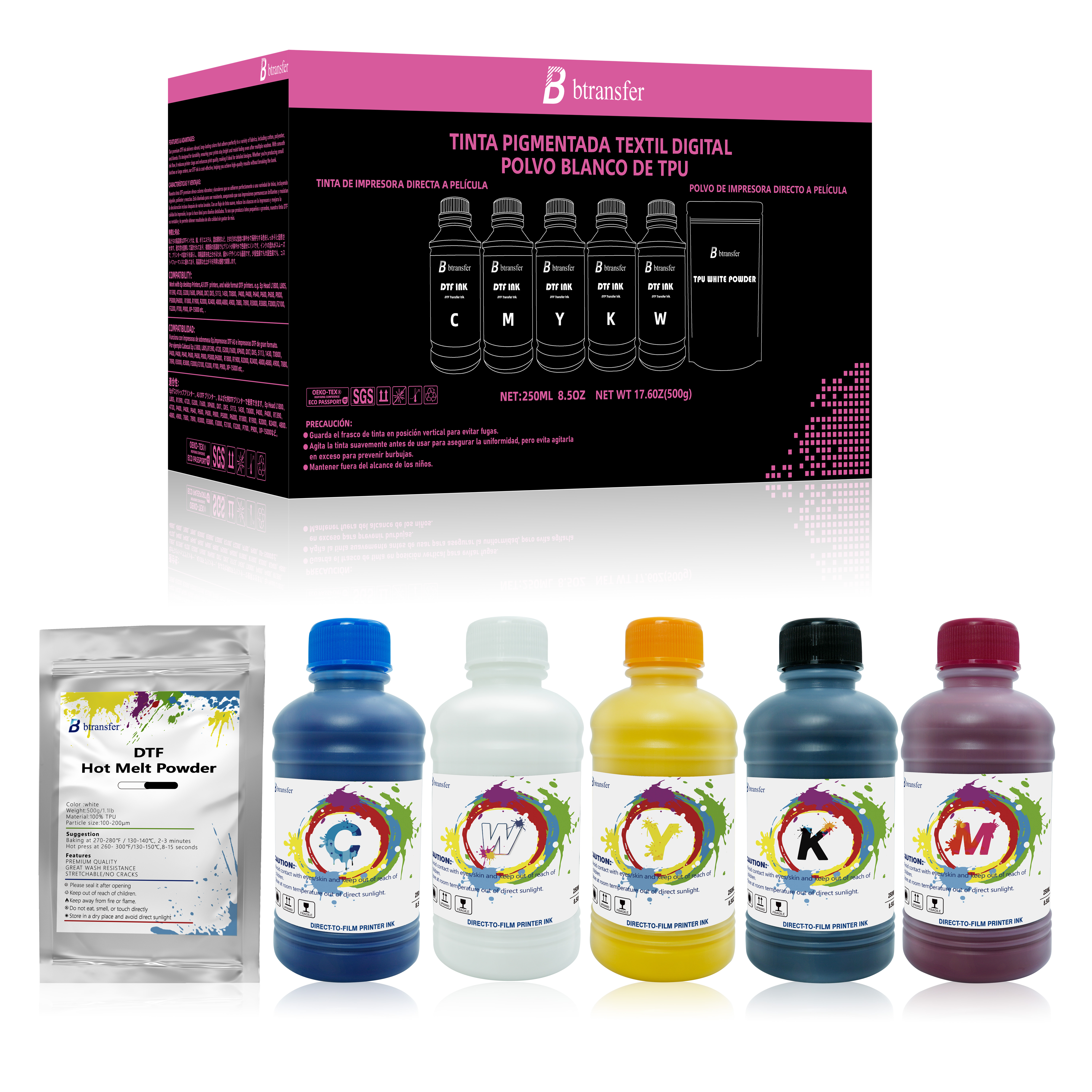 Premium DTF Ink 250MLx 6+500g Powder,DTF Transfer Ink for PET Film ...