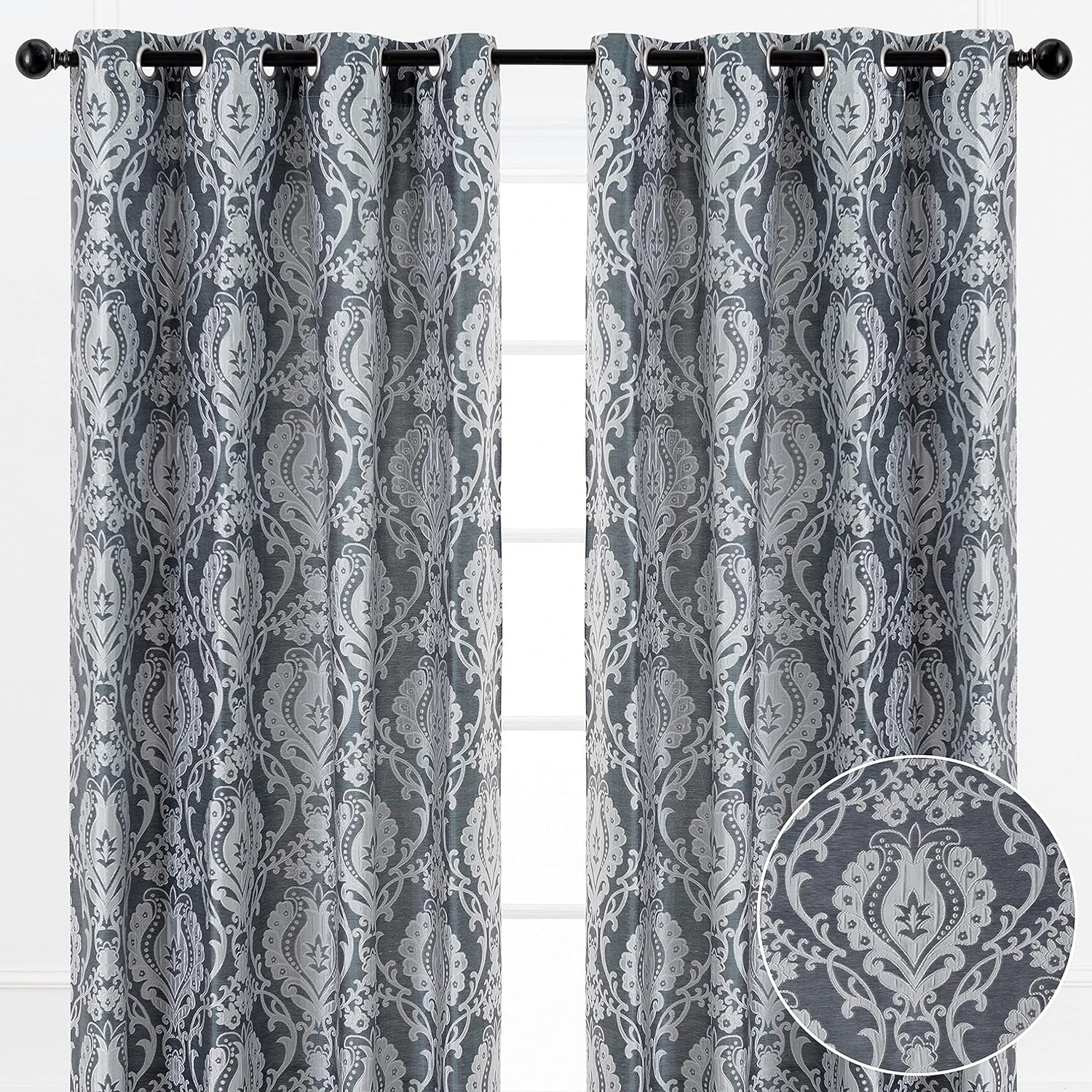 Premium Damask Pattern Luxury Blue Curtains - 63 Inch Panels with ...