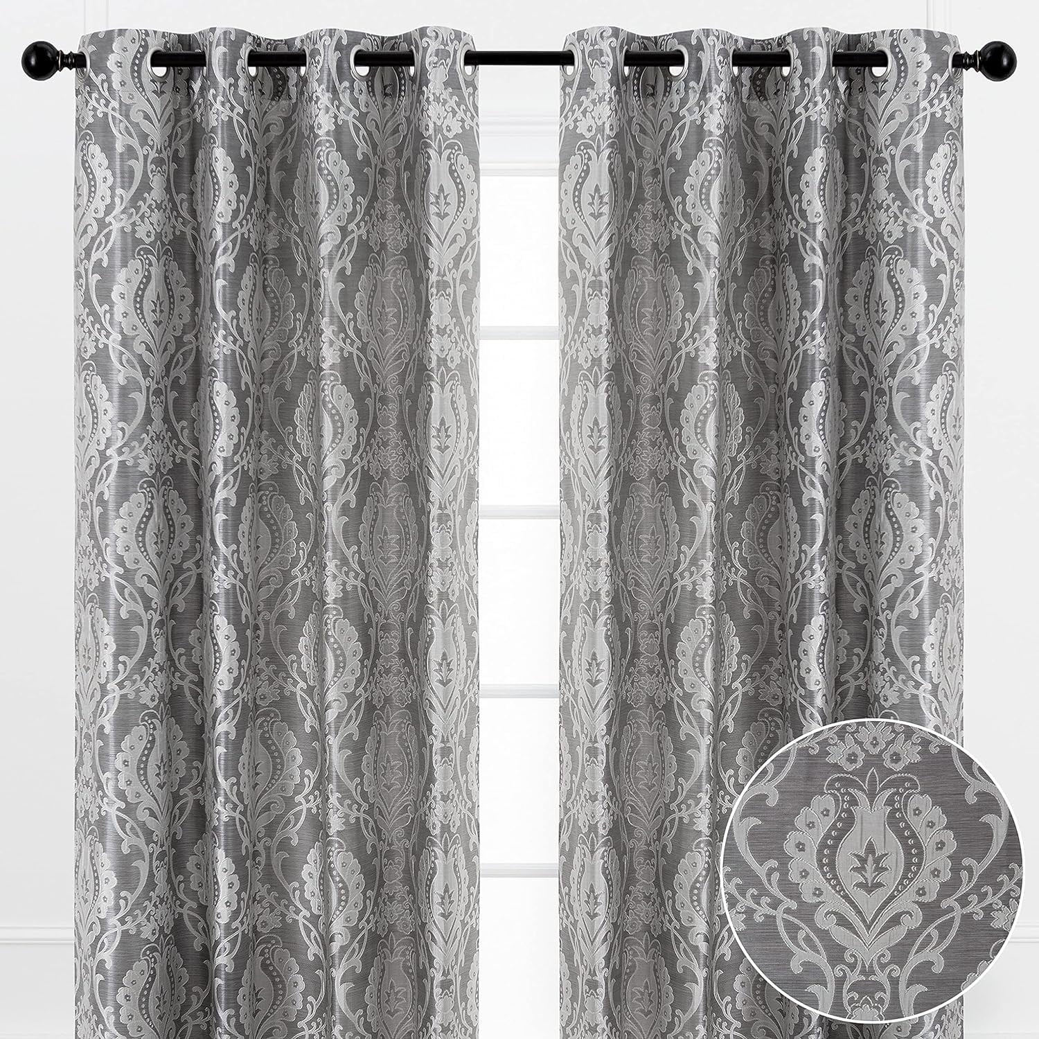 Premium Damask Pattern Luxury Gray Curtains - 96 Inch Panels with ...