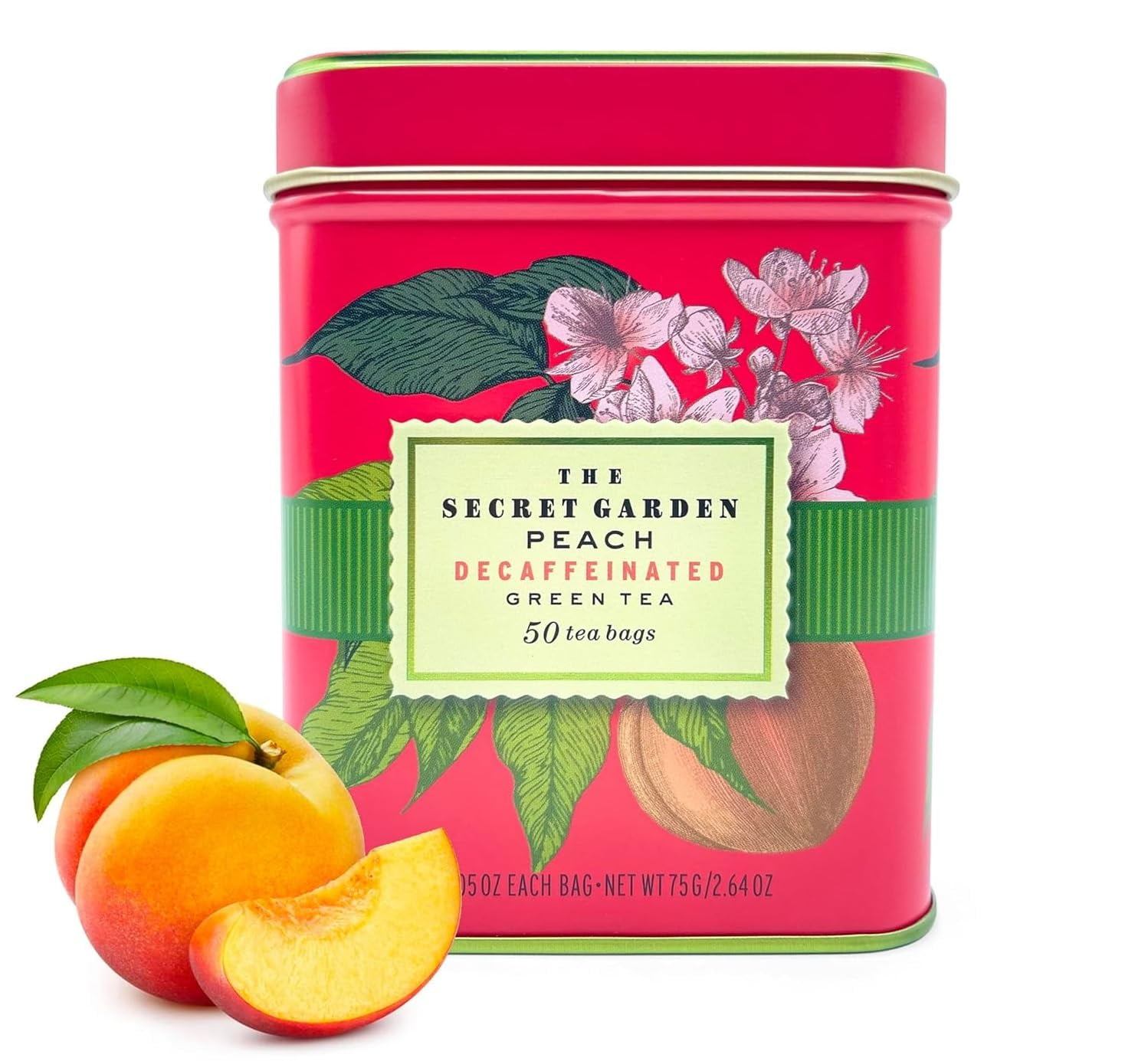 Premium Decaf Peach Herbal Green Tea Bags 50 Pack Designer Tin, Eco ...