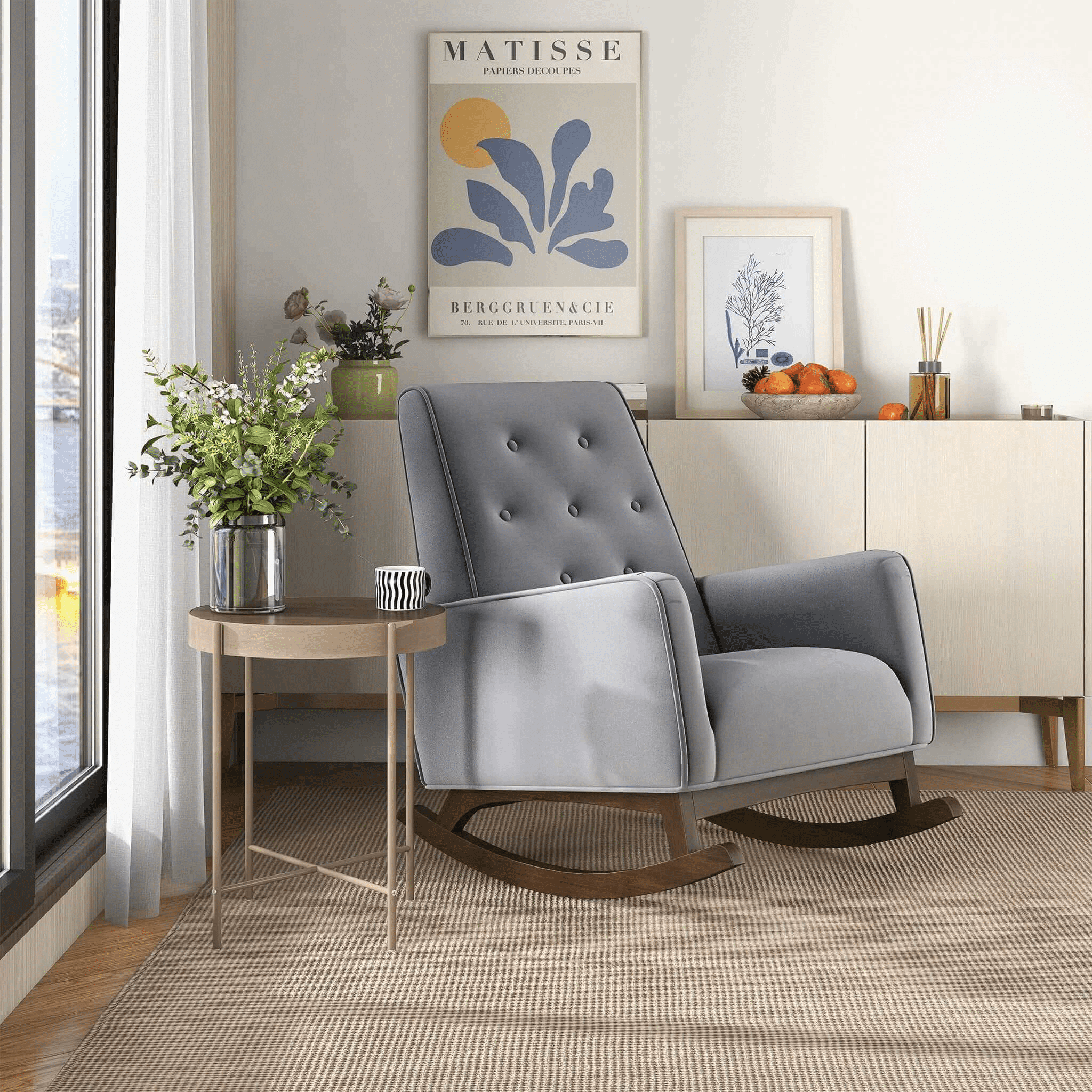 Premium Demetrius Light Grey Fabric Solid Wood Rocking Chair for Living ...