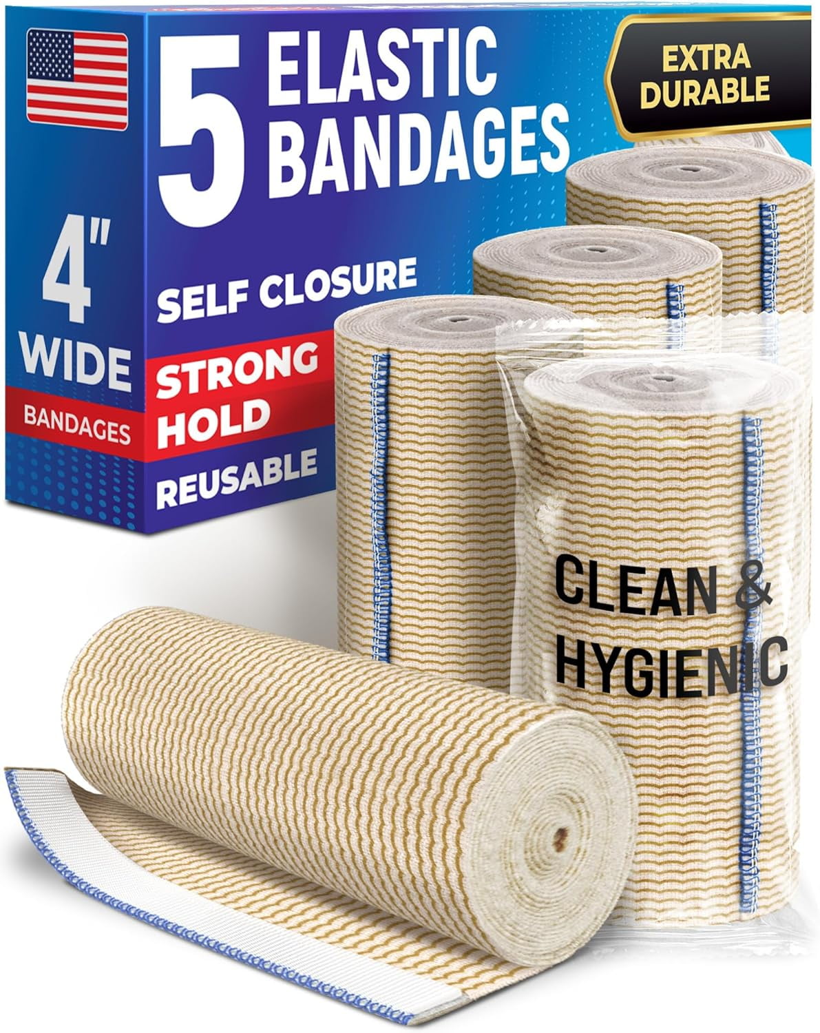 Premium Elastic Bandage Wrap - 4” (5pk) - Strong Compression - Self ...