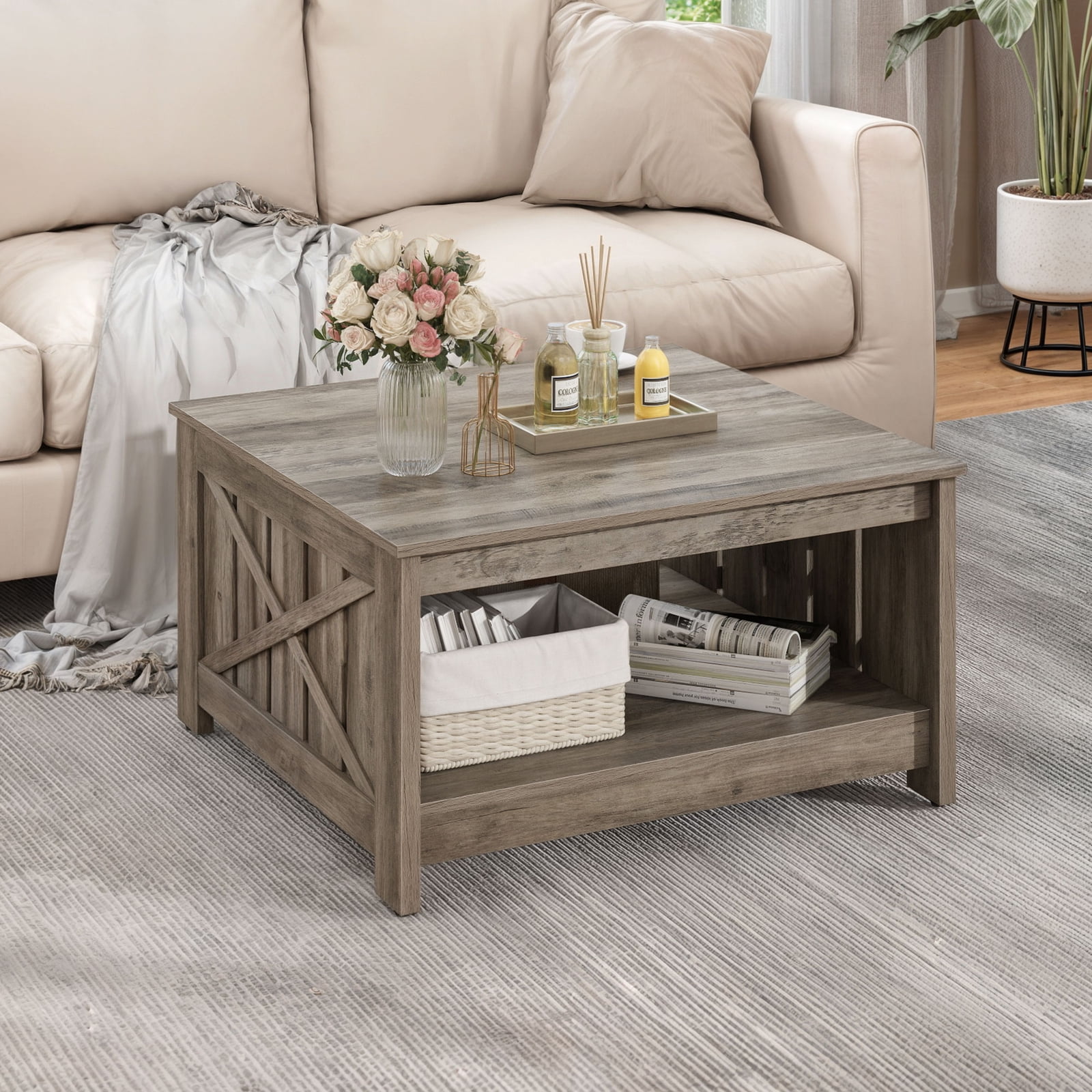Premium Farmhouse Rustic Square Coffee Table W/Storage Shelf Cocktail ...