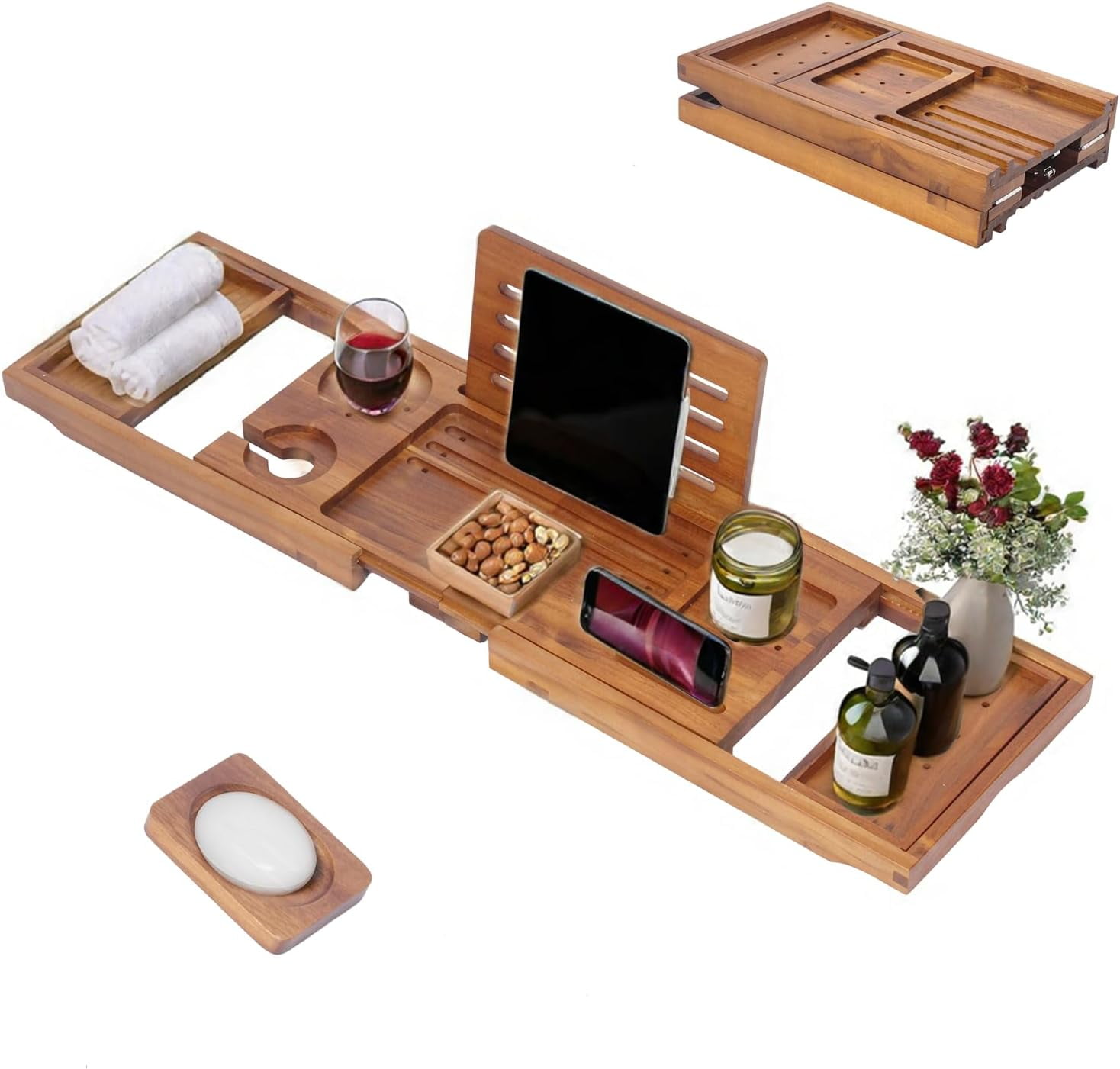 Premium Foldable Teak Bathtub Tray, Expandable Bath Tray for Tub ...
