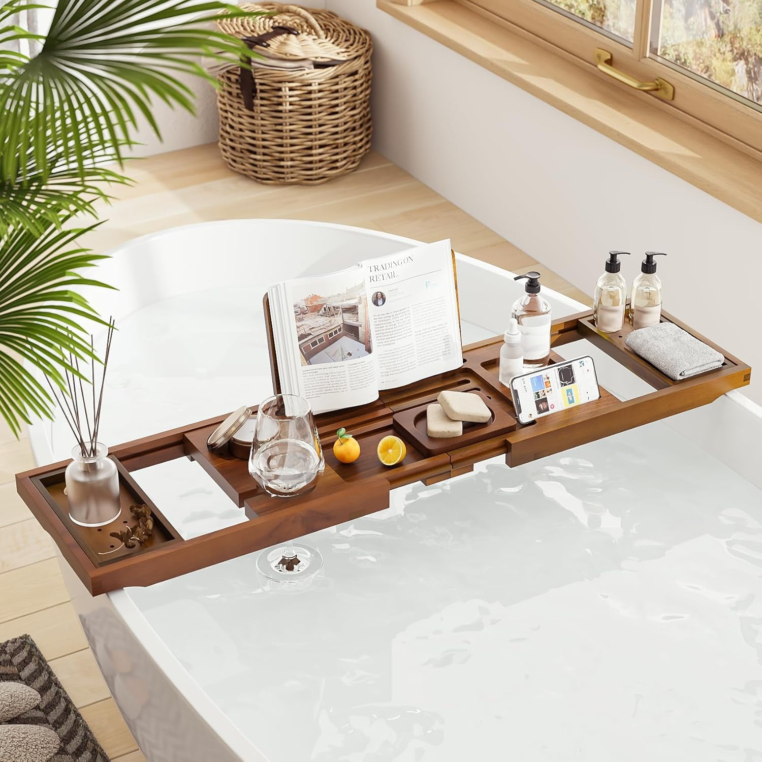 Premium Foldable Teak Bathtub Tray, Expandable Bath Tray for Tub ...