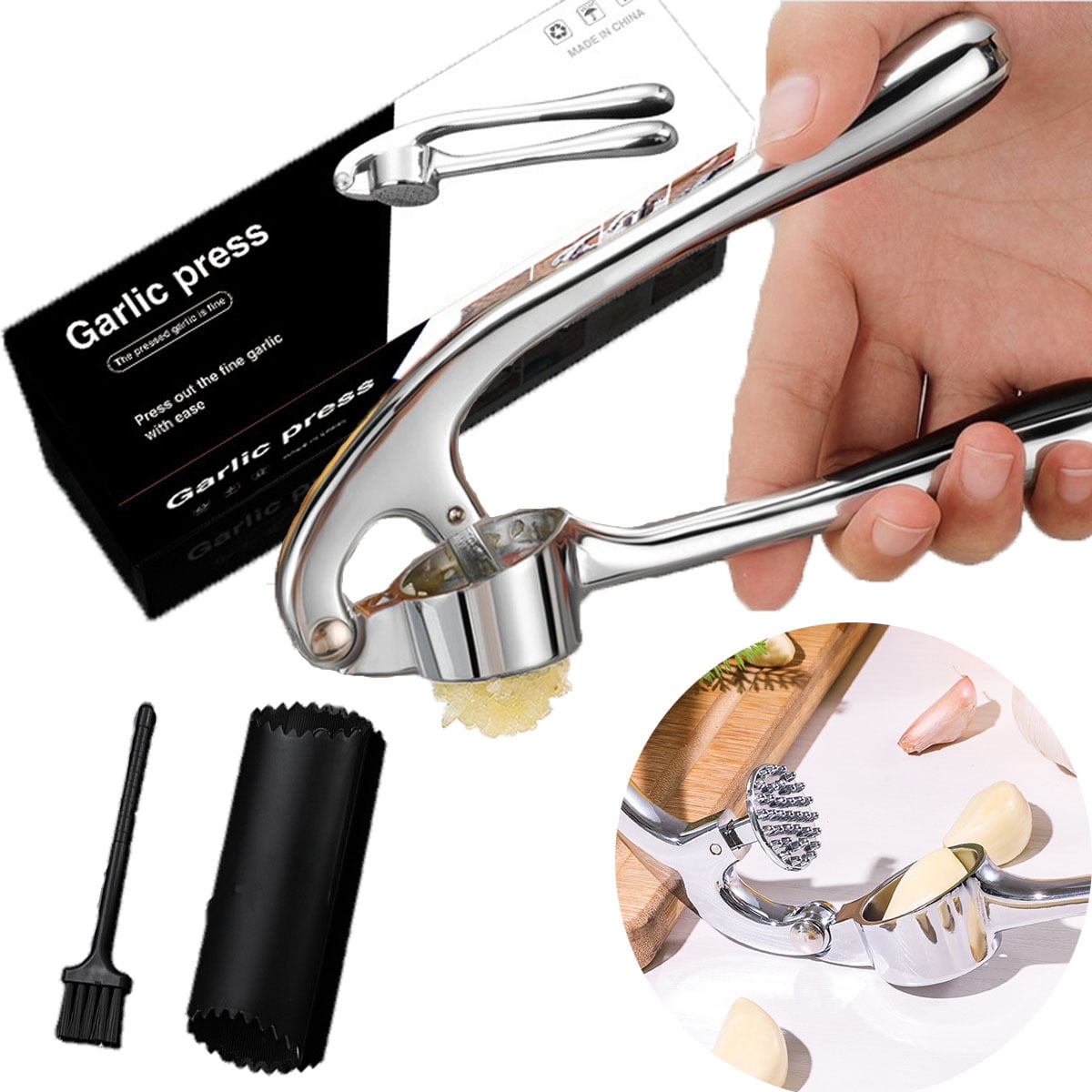 YUOFD Garlic Press, Stainless Steel Garlic Crusher with Extended Handle ...