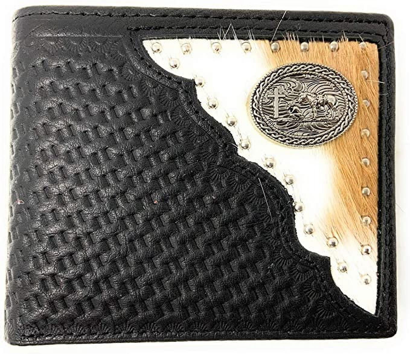 Premium Genuine Leather Basketweave Cowhide Cow Fur Men's Short Bifold ...