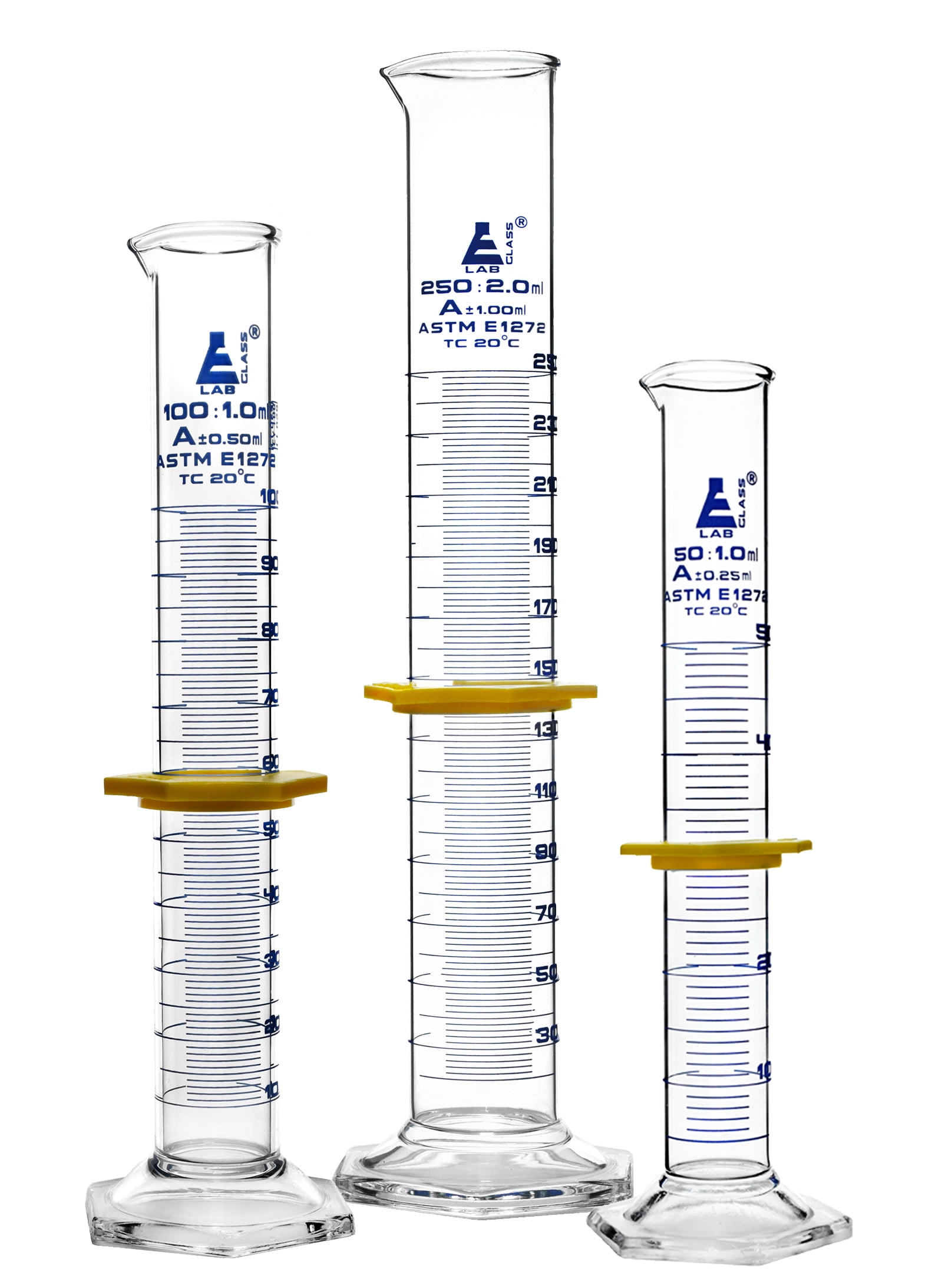 Premium Graduated Cylinder Set - 50mL, 100mL & 250mL - ASTM, Class A - Protective Collars ...