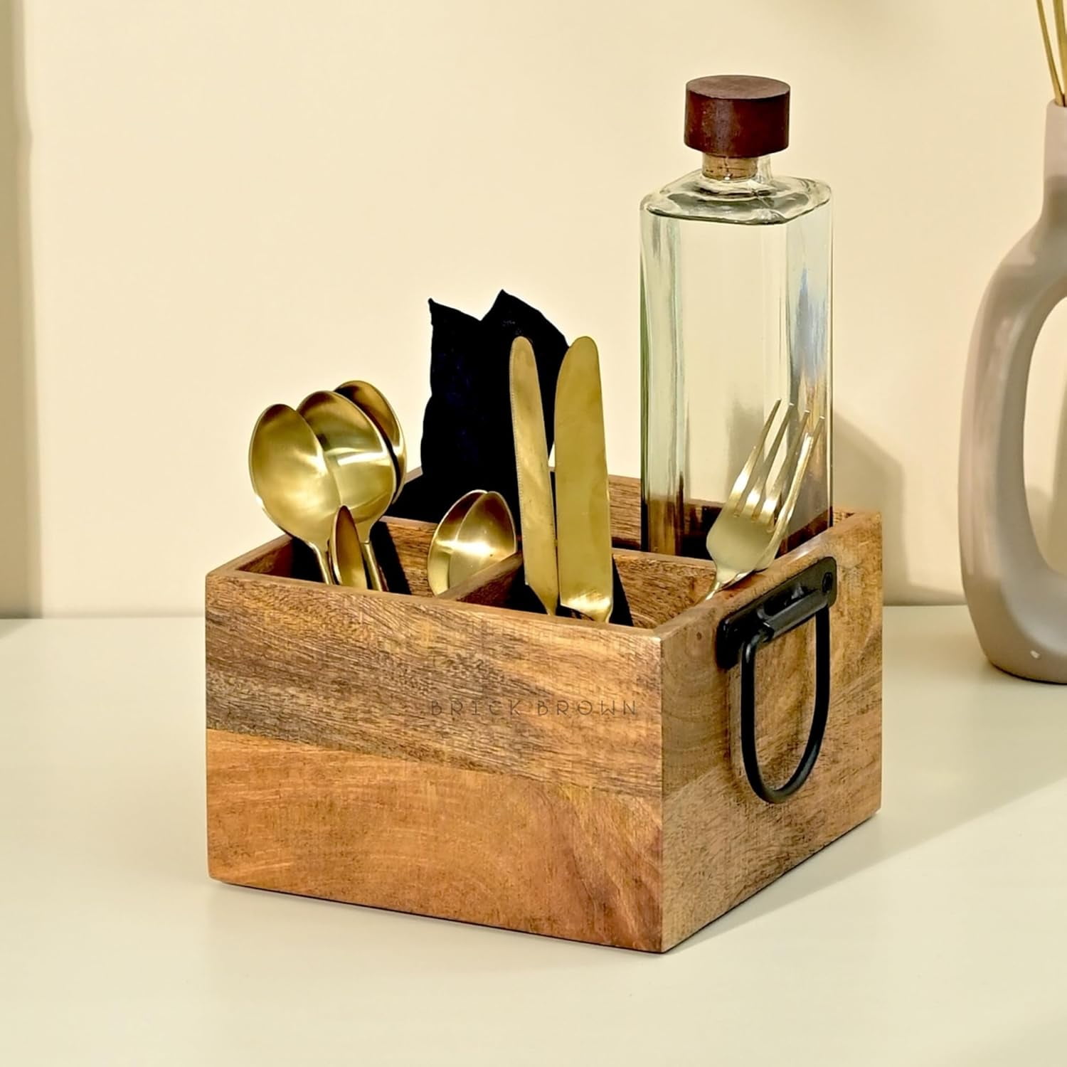 Premium Handcrafted Rugged Wooden Cutlery Caddy with Artistic Metal ...