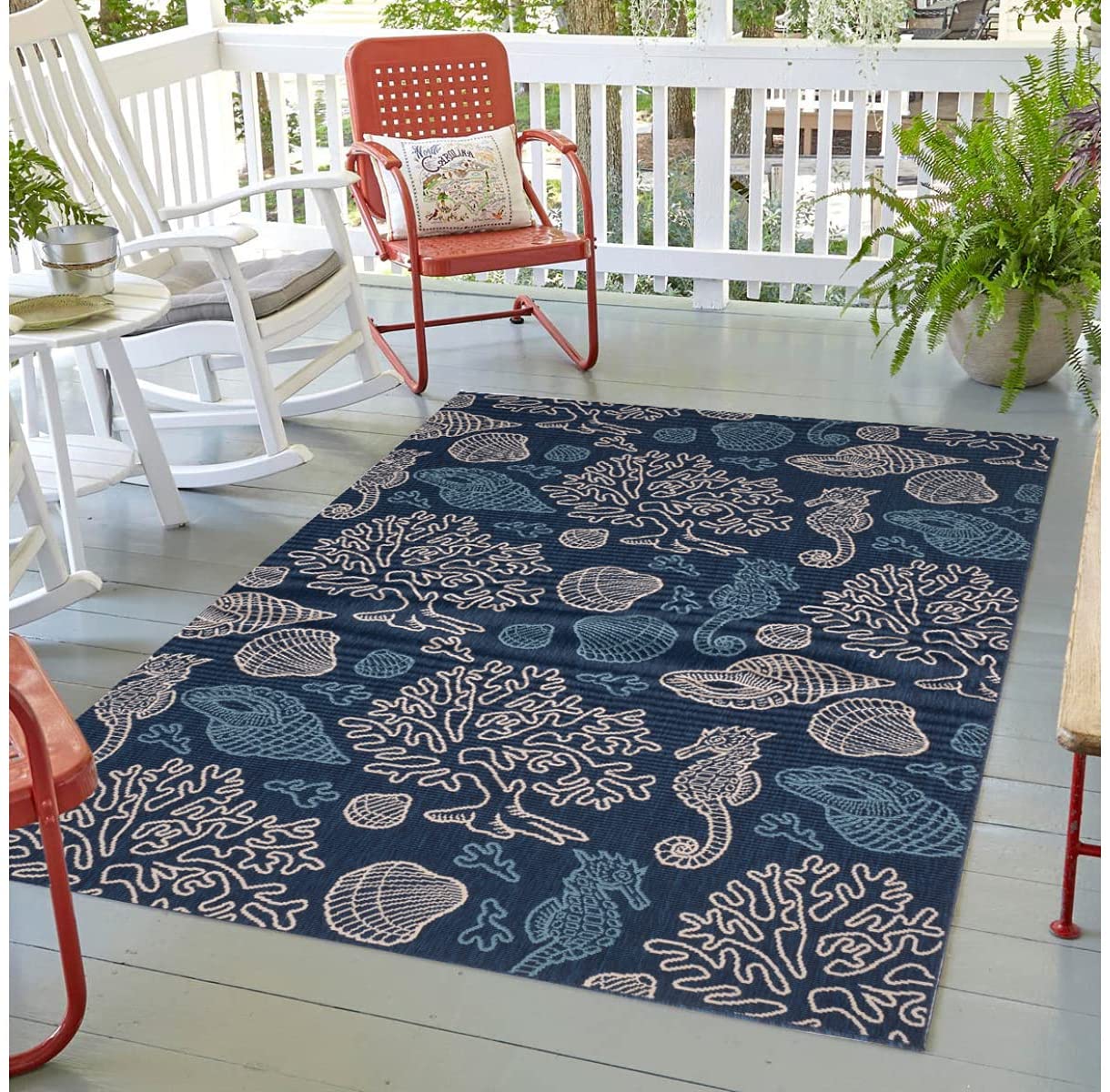 Indoor/Outdoor Marine Life Rug, Navy/Cream, Seahorse, Shell, Stain/Fade ...