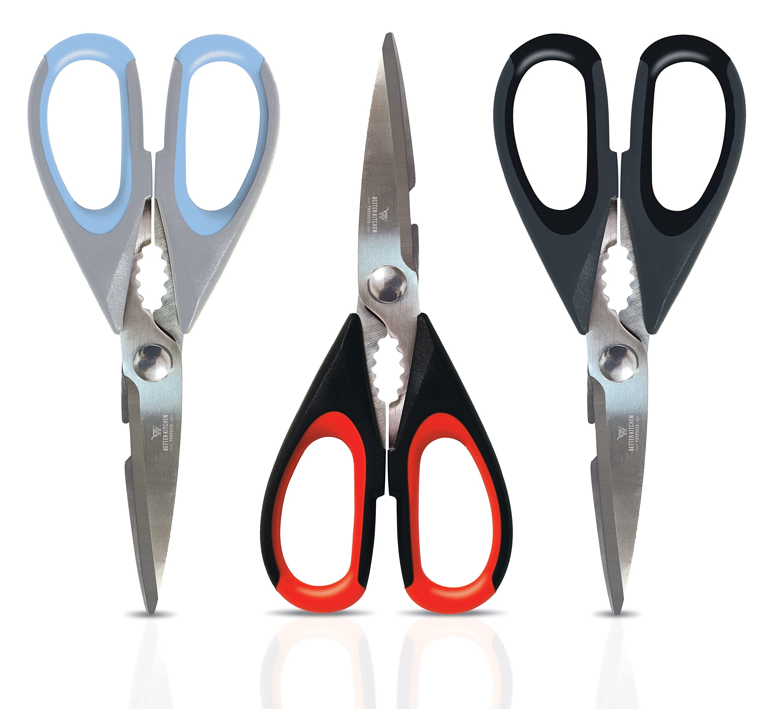 Better Kitchen Products 8.5" Stainless Steel Utility Scissors, 3PK-Blk/Red, Slvr/Blu, Blk/Gray ...