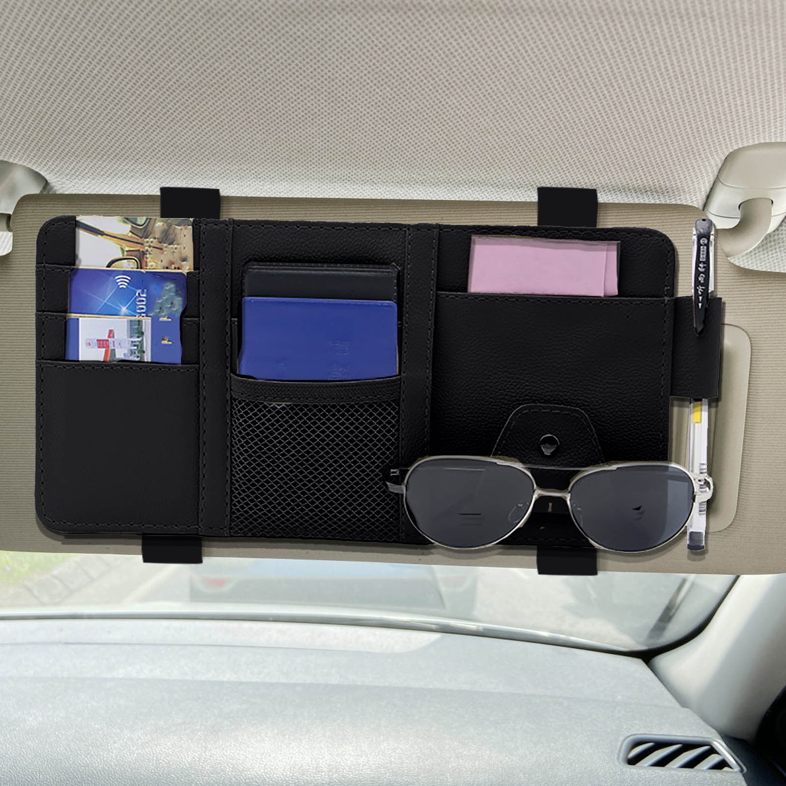 xaoyunyn Premium Leather Car Sun Visor Organizer with Sunglasses Clip ...