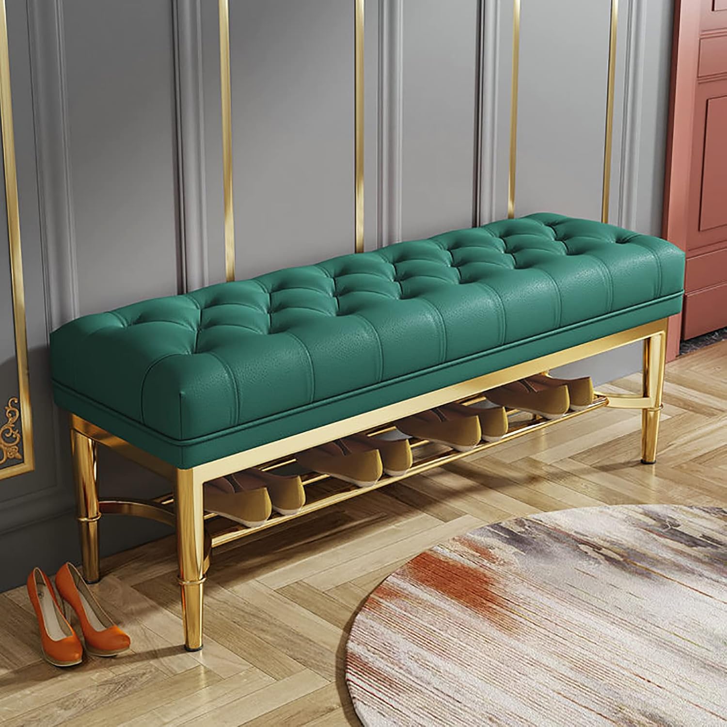 Premium Leather Entryway Bench with Golden Shoe Rack,Button Upholstered ...