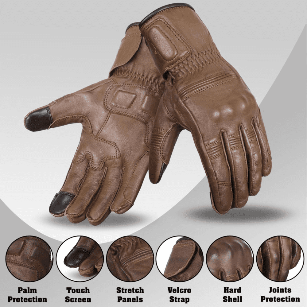 Premium Leather Motorcycle Gloves (Brown) Comfortable Riding Protection ...