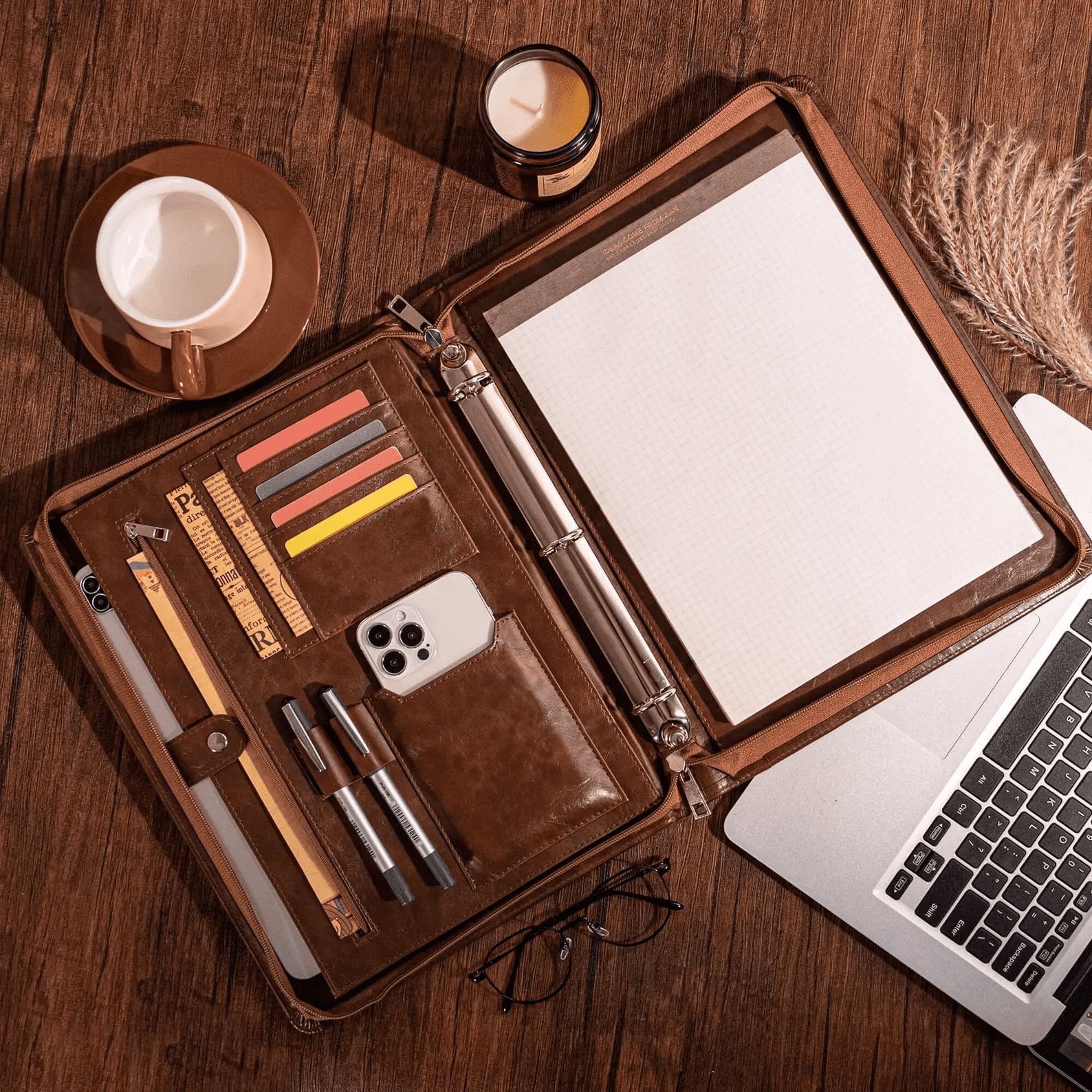 Premium Leather Zipper Portfolio with 3 Ring Binder, Padfolio Organizer ...