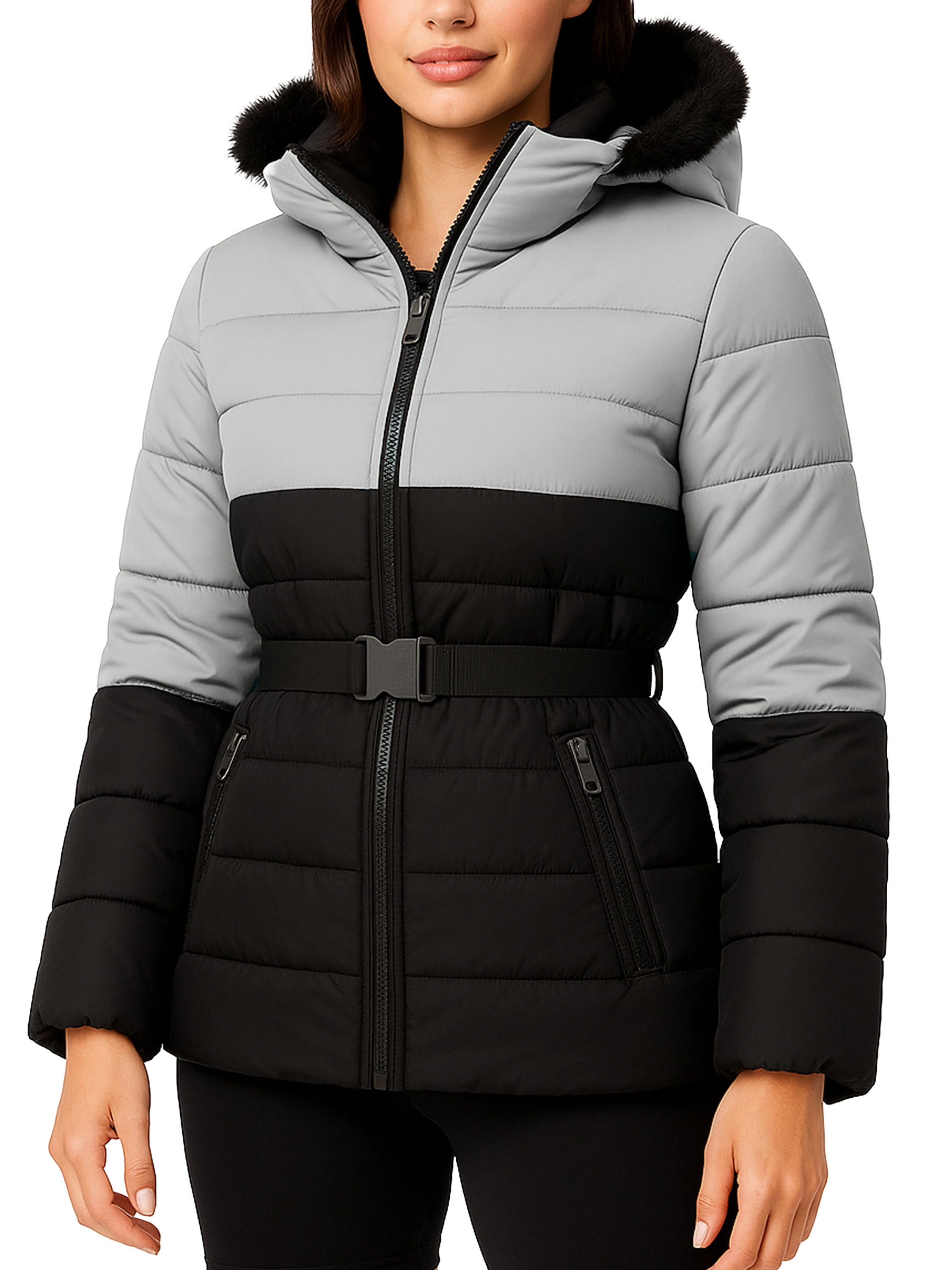 Premium Midweight Womens Puffer Jacket Insulated Winter Black & L.gray ...