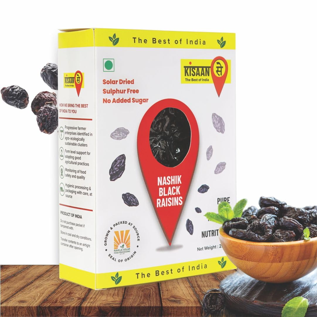 Premium Nashik Seedless Black Raisins By Kisaansay 250gm, | High In ...