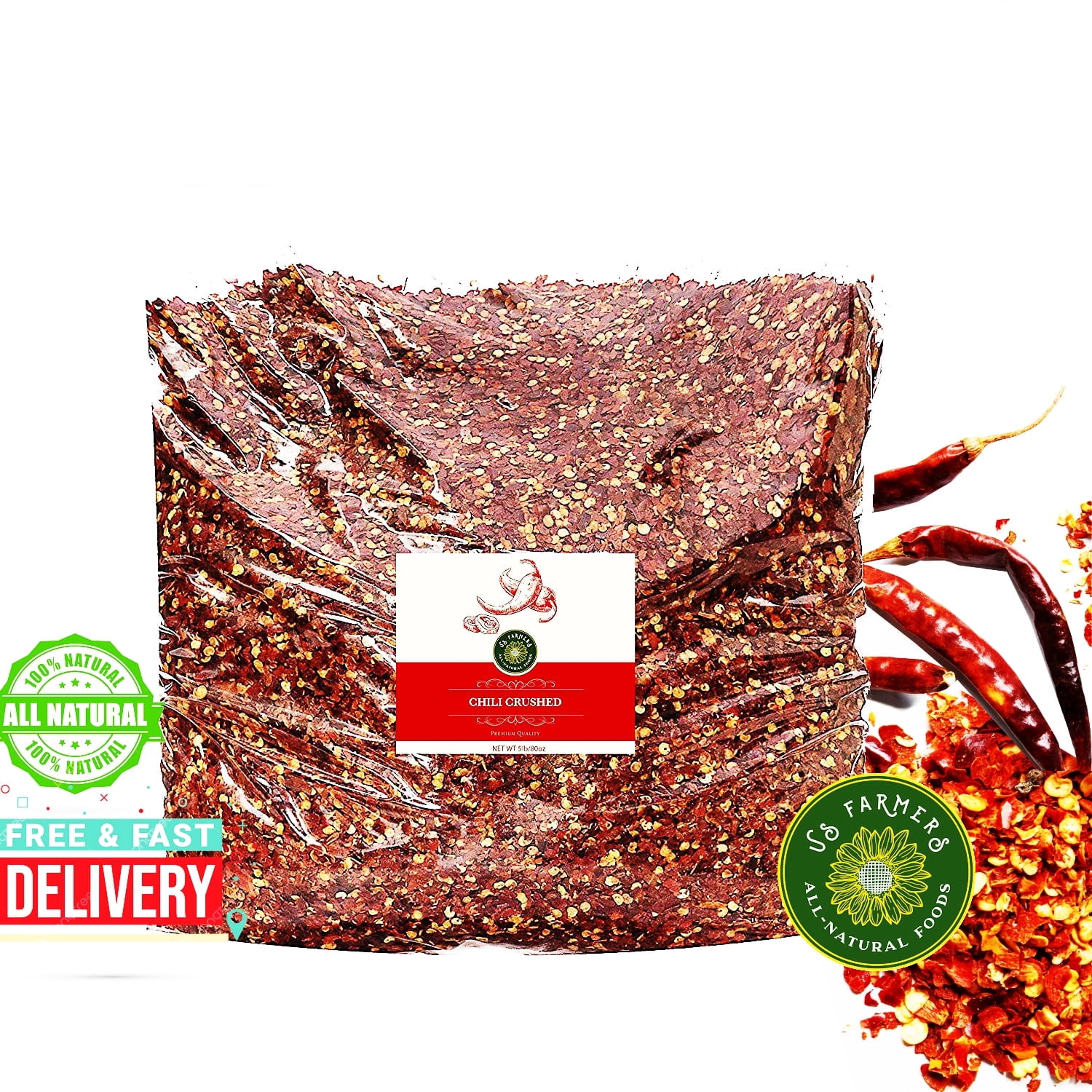 US Farmers Crushed Red Pepper Dried Red Chili Flakes Powder, Hot, 5 Lb ...
