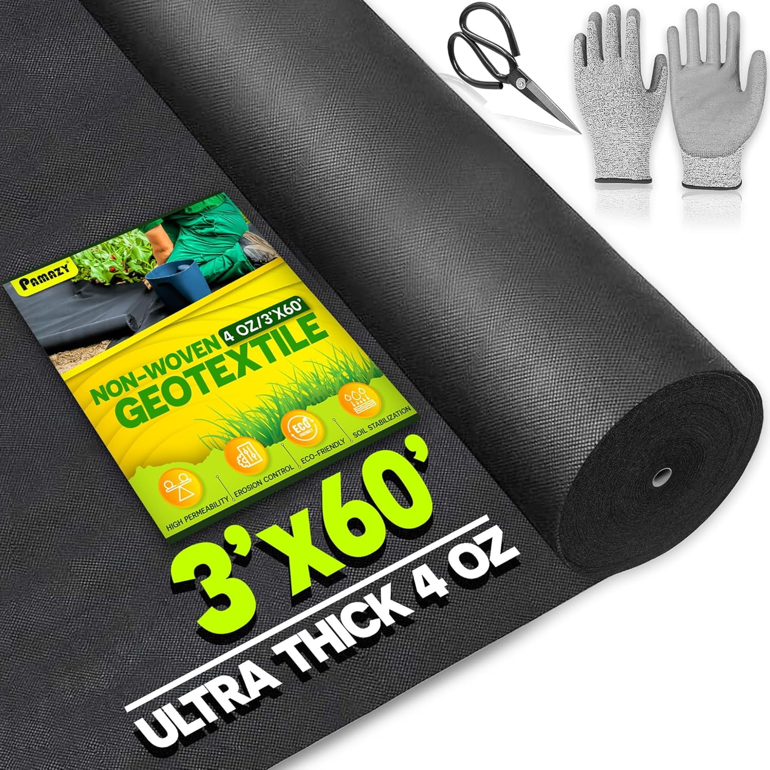 [Premium] Non Woven 4oz 3ftx60ft Geotextile Fabric (Includes Gloves & Scissors), Heavy Duty ...
